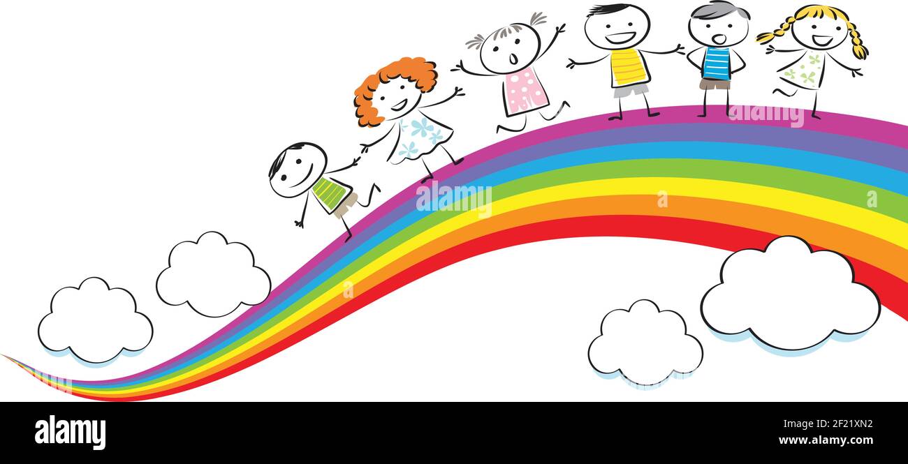 vector cartoon kids with rainbow border frame background Stock Vector ...