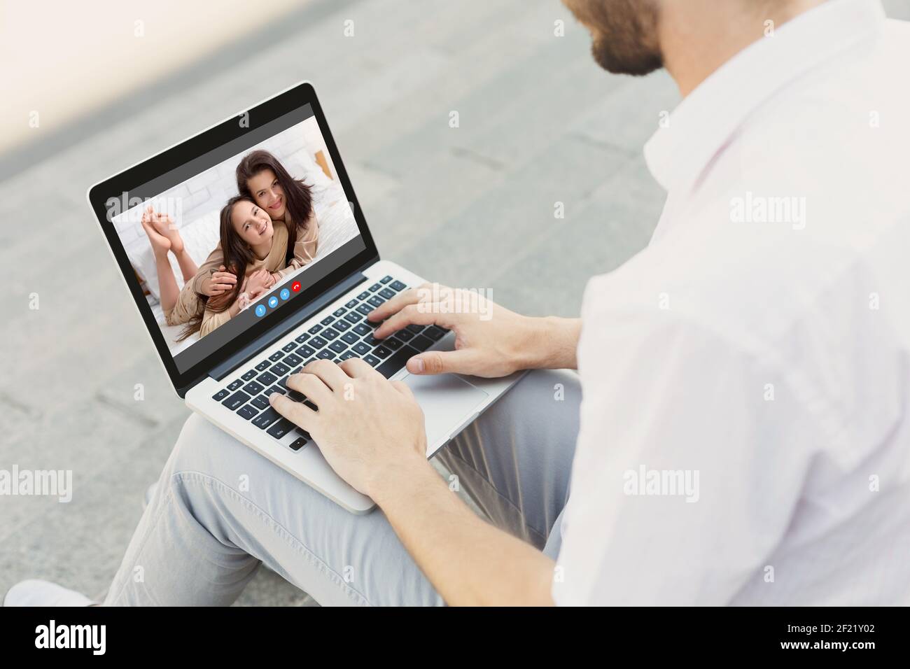 Remote Communication Concept Young Guy Using Laptop Computer To Talk