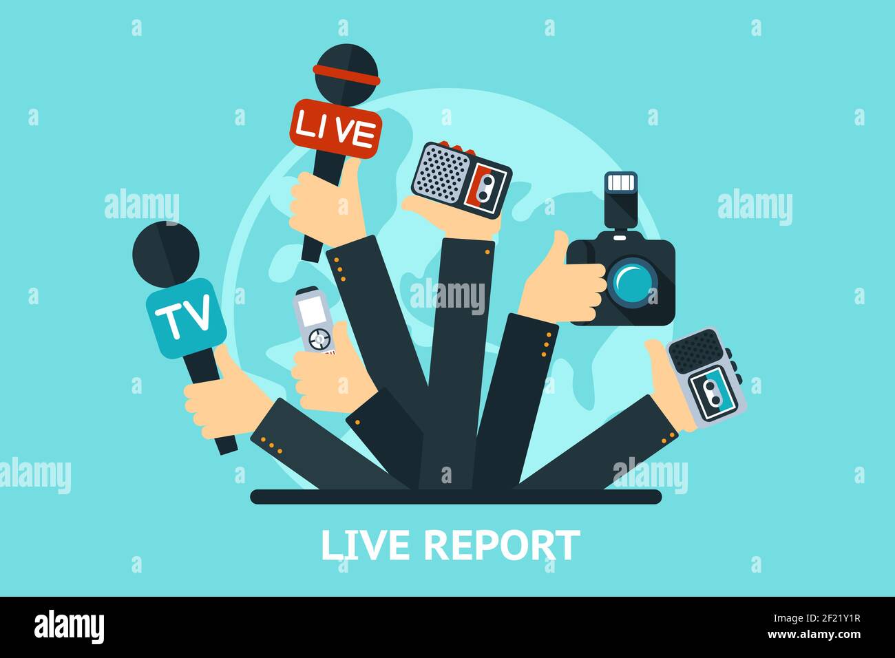 vector live report concept, live news, hands of journalists with ...