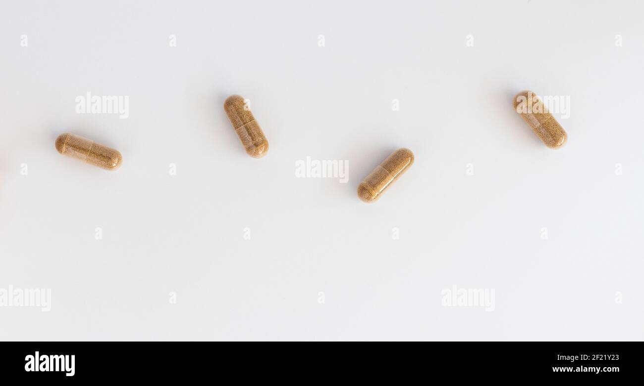 close-up of ginkgo biloba extract capsules on a white background ...