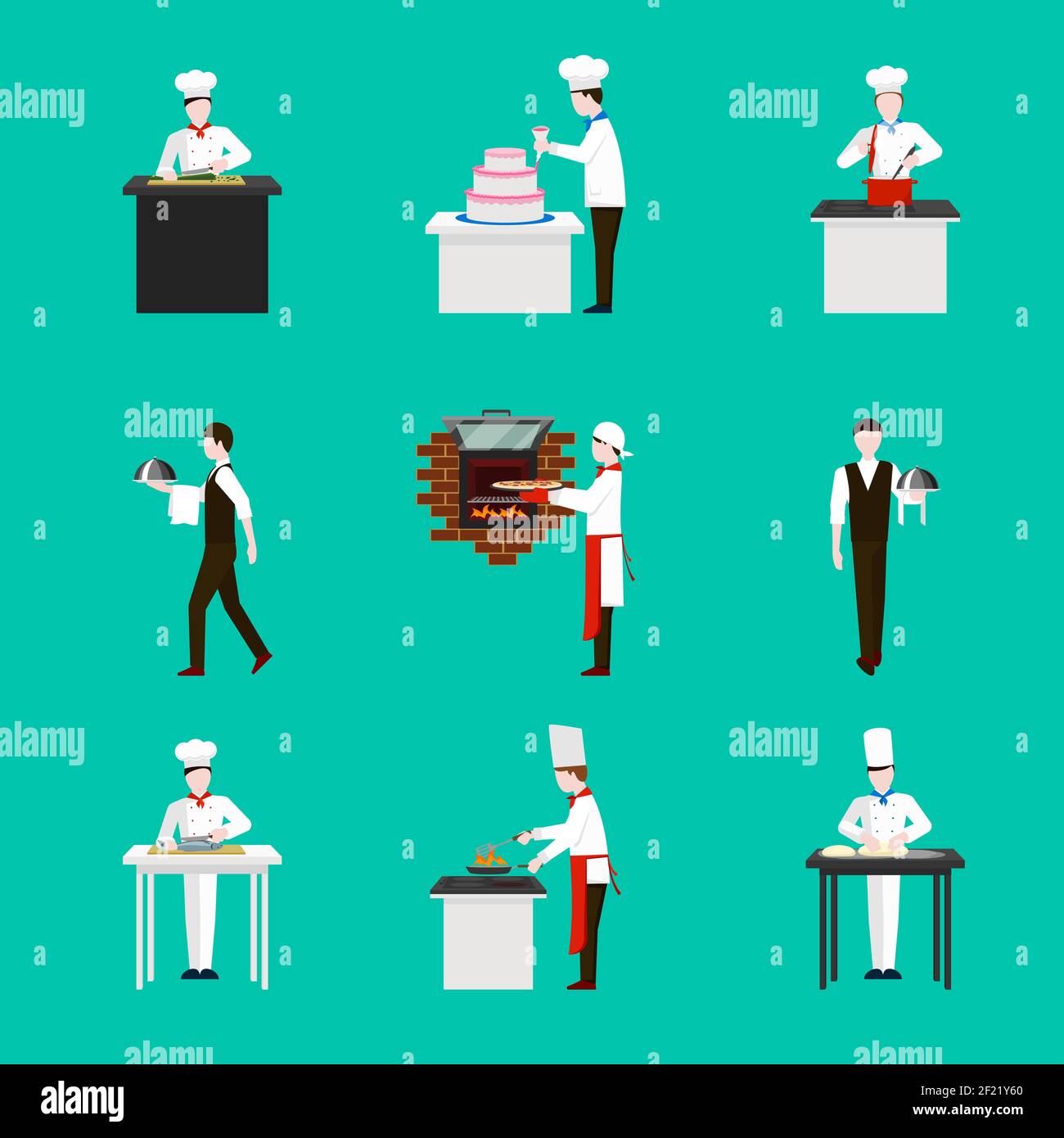 Cooking with chef figures vector icons set. Dinner in restaurant, cake ...