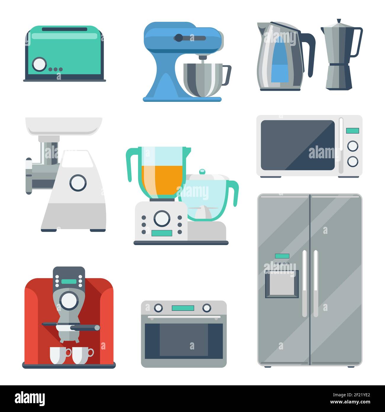 Cooking equipment flat icons set. Toaster and stove, kettle and mixer ...