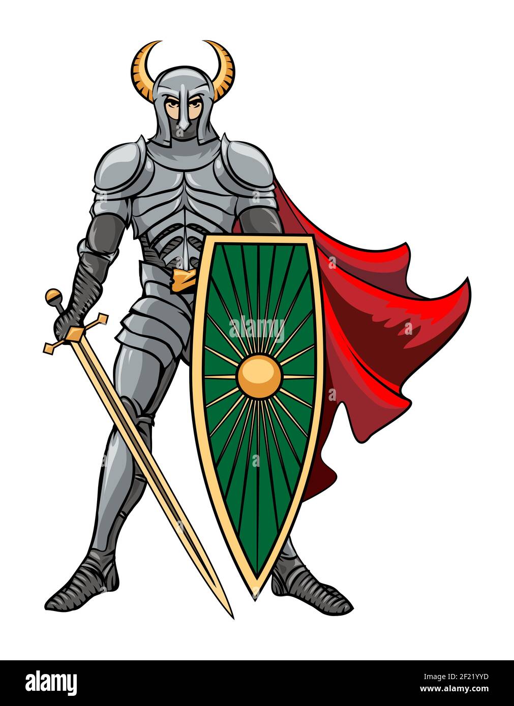 Vector Knight standing in a helmet with horns with shield and sword in ...