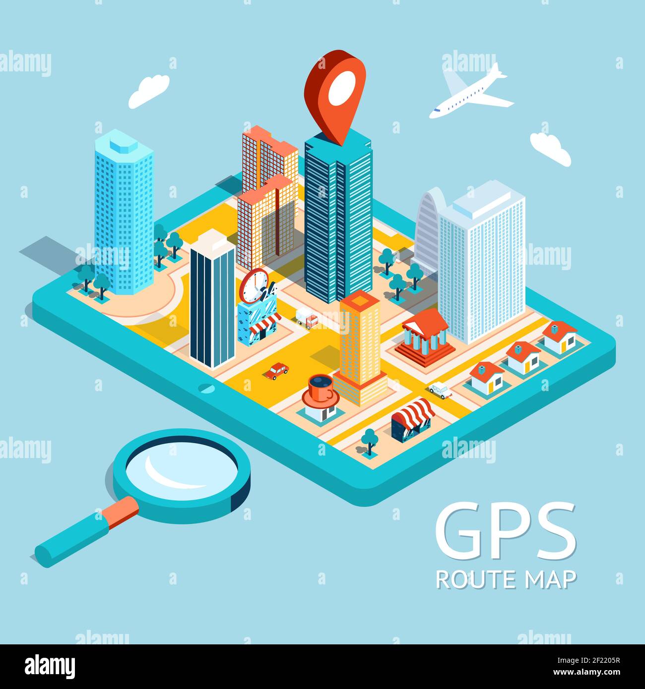 Map a small town on the tablet with the specified destination point ...