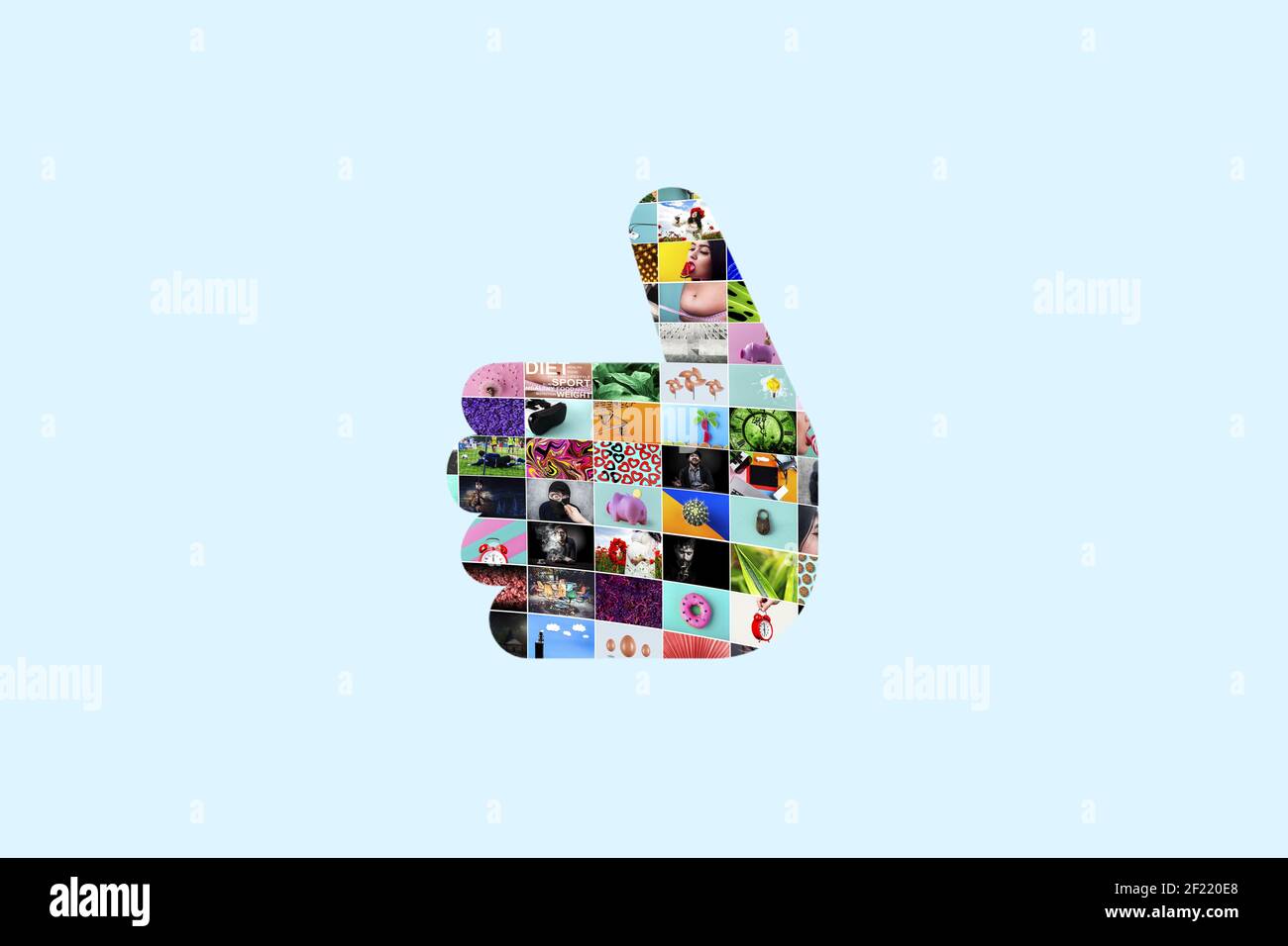 thumb up symbol, collage of colorful stock photos, social media concept ...