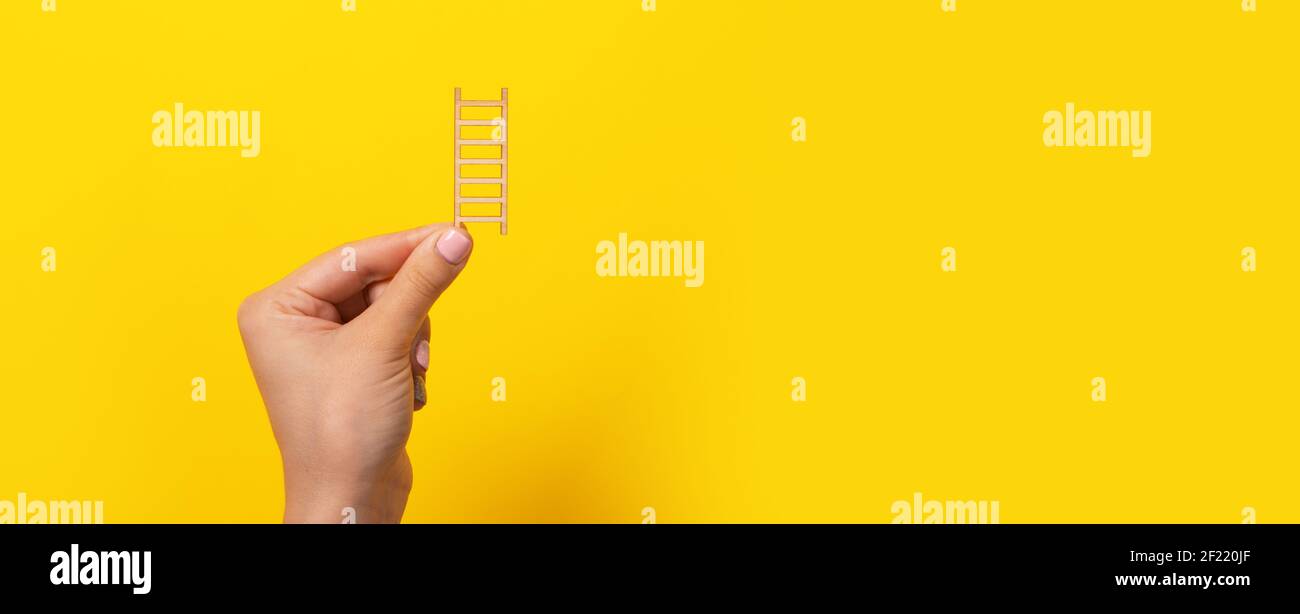 wooden stairs in hand panoramic mock-up with space for text Stock Photo ...
