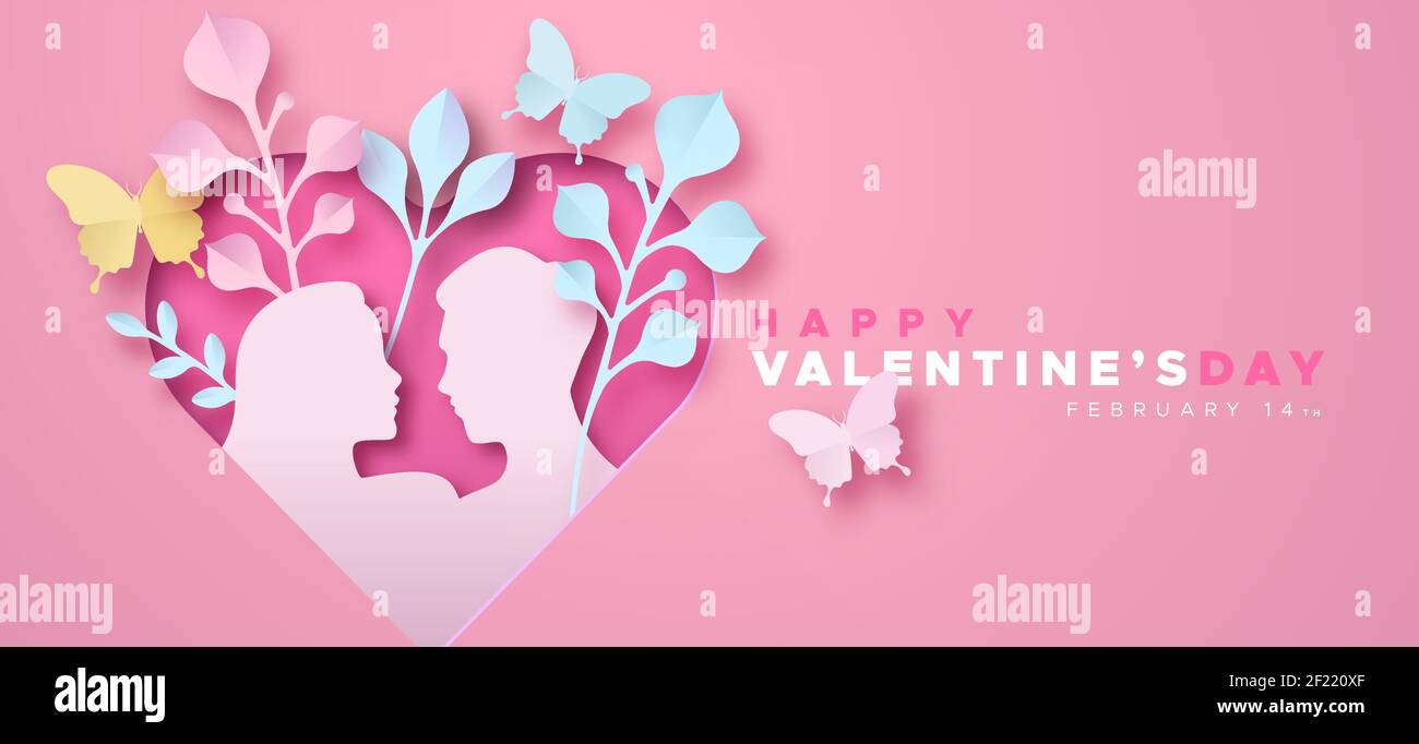 Happy Valentine's Day greeting card illustration in 3d papercut style ...