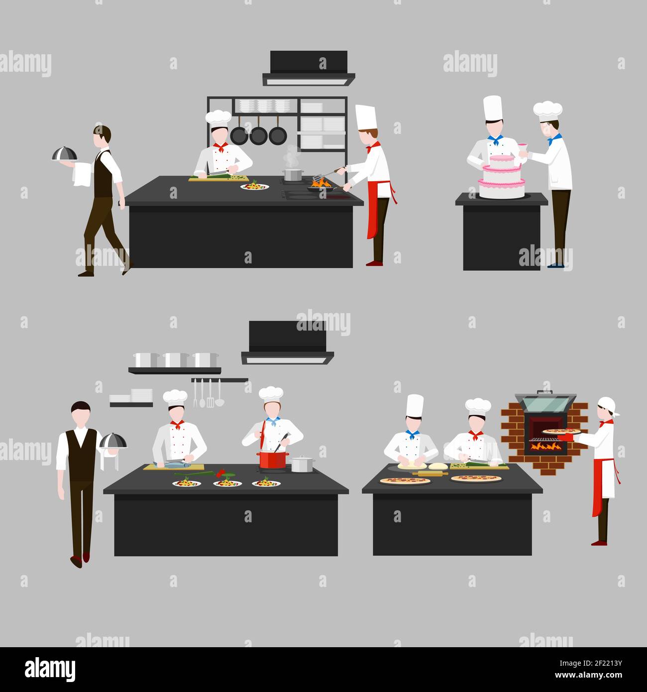 Cooking process in restaurant kitchen. Chef fry and cook, character ...