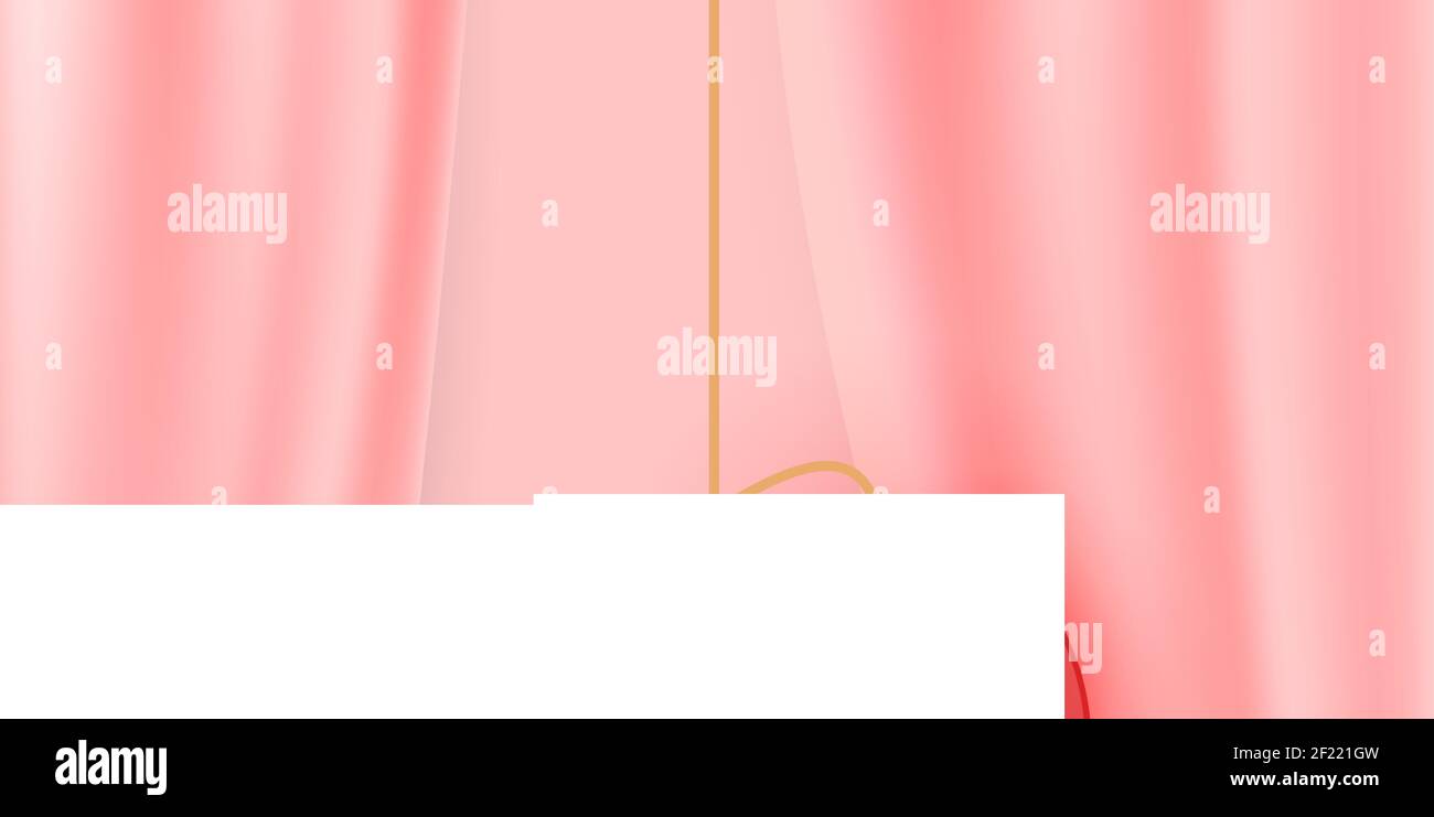 Pink curtain background with red heart. Vector illustration. Happy ...