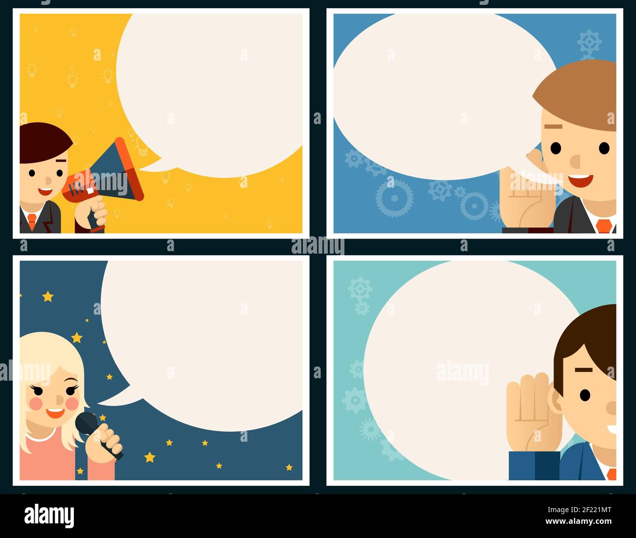 Speaking and listening poster concept set. Balloon and banner, talk and ...