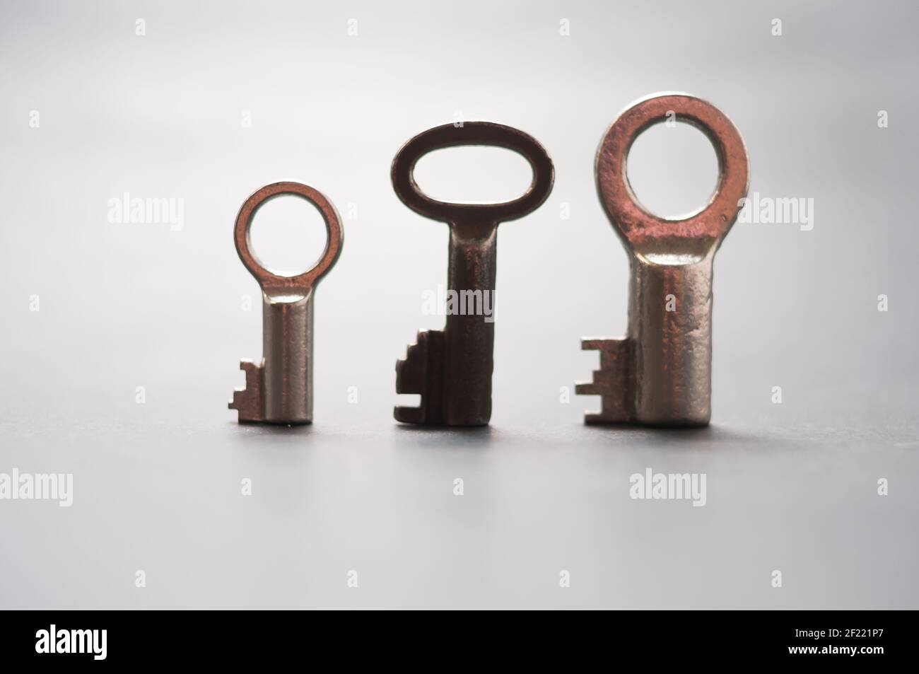 Group of three very small old beard keys on a black background. View at ...