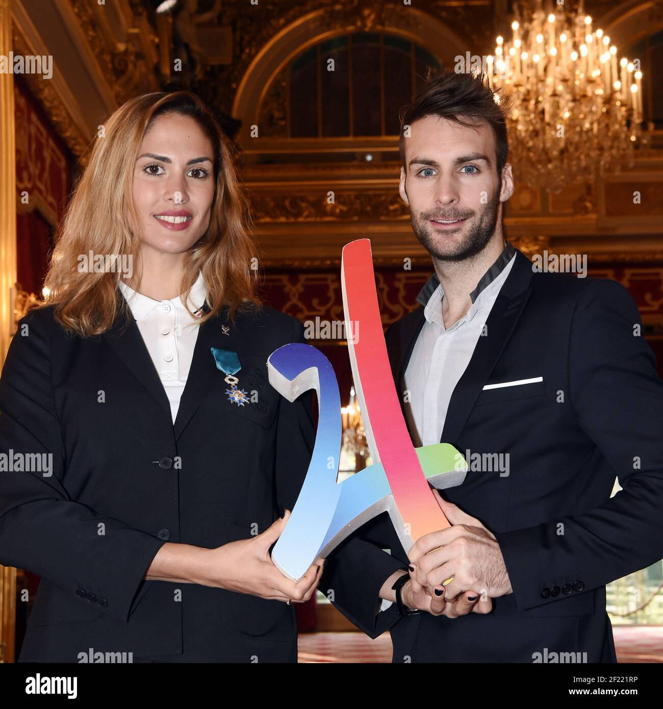 French olympic silver medalist Elodie Clouvel and Valentin Belaud pose ...