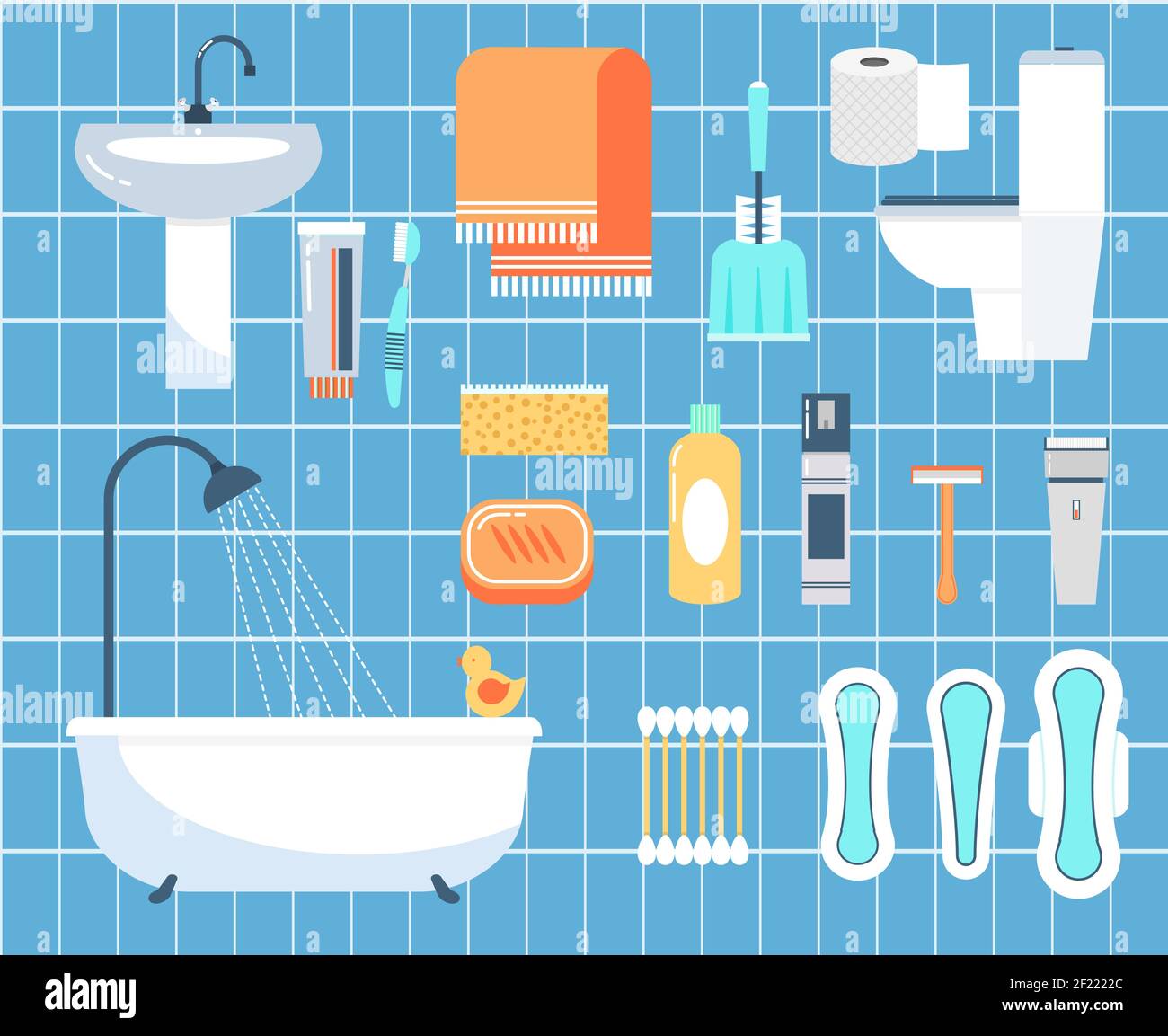 Personal hygiene flat vector icons set. Ear stick, razor and brush ...