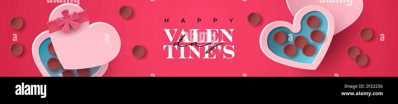 Happy Valentine's Day papercut web banner. Pink chocolate heart box ...