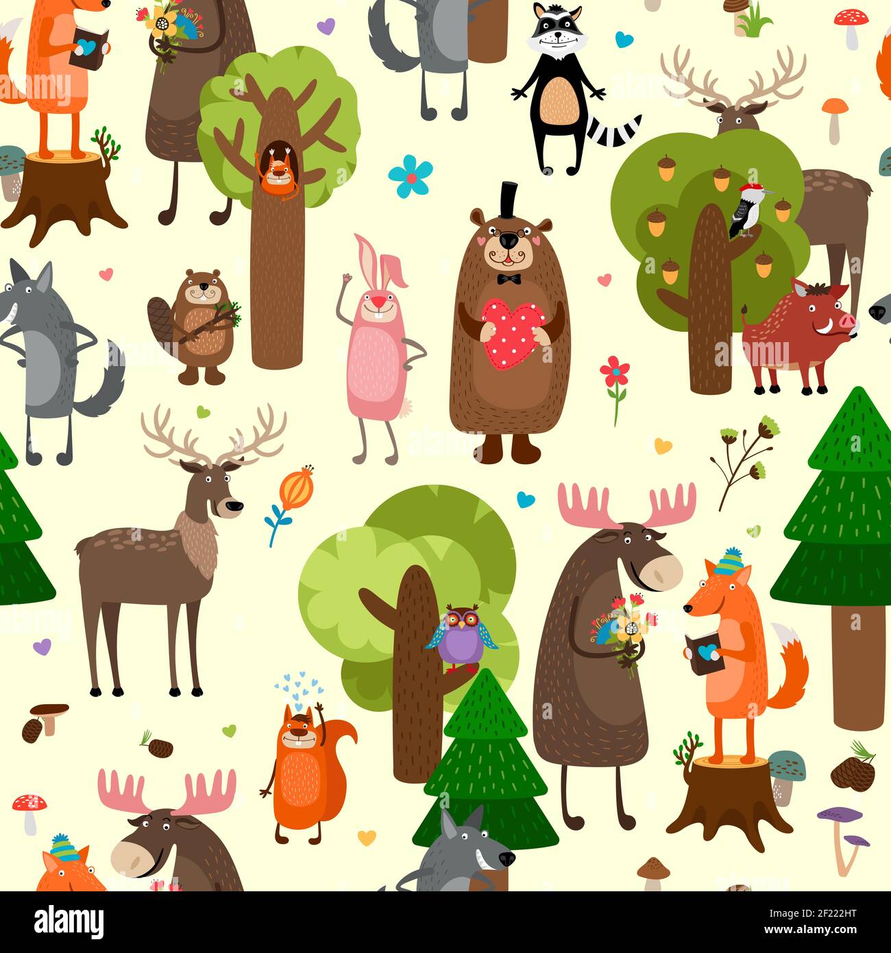 Happy forest animals seamless pattern background. Deer and bear, fox ...