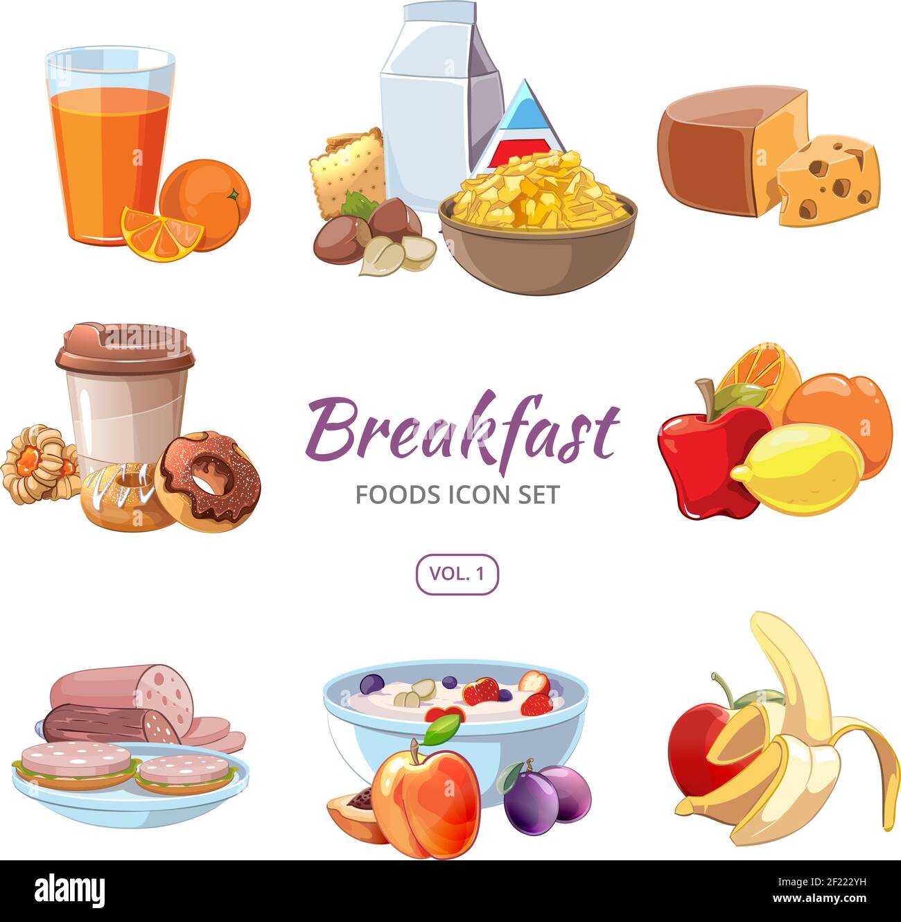 Breakfast food icons in cartoon style. Lunch coffee, orange and morning ...