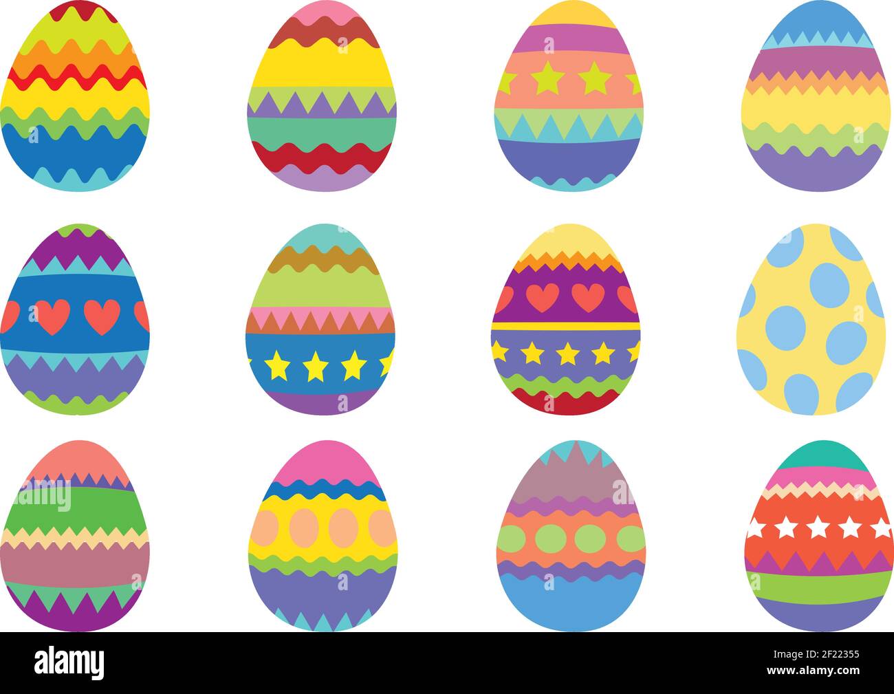 Set of 12 colourful Easter eggs on a white background. Isolated vector ...