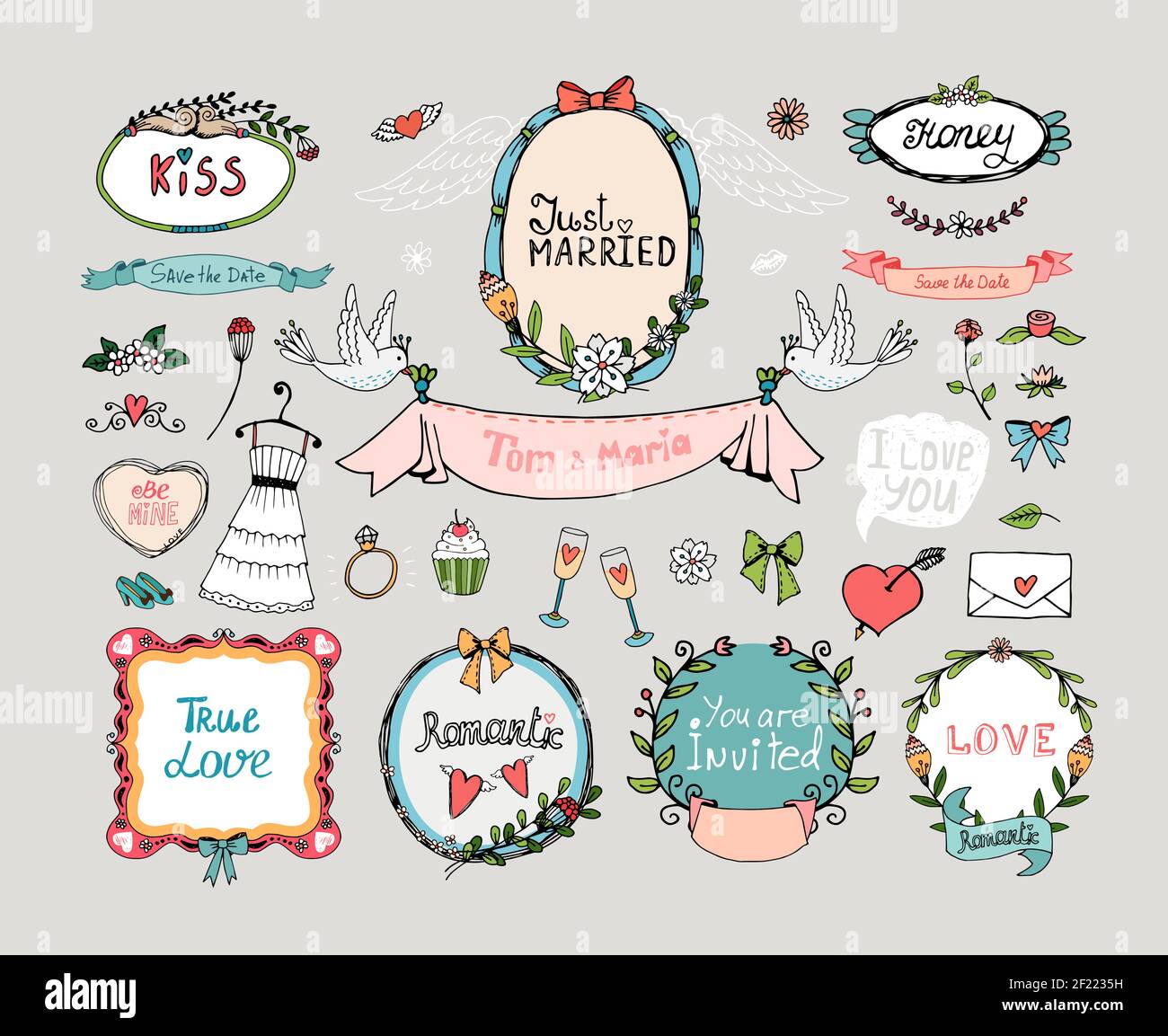 Set of wedding graphic. Romance and love, marriage and flowers, floral ...