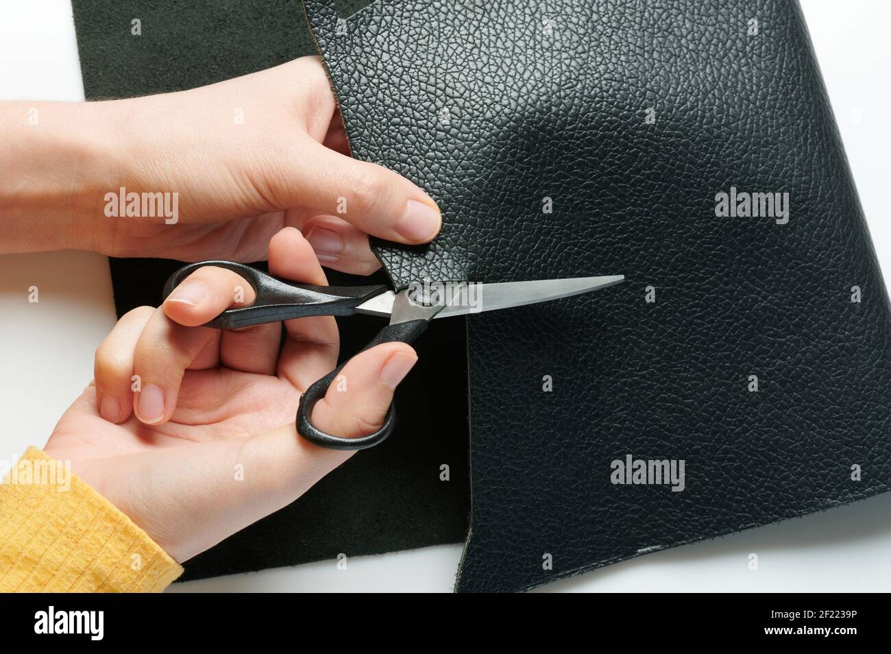 Making thing from leather theme. Cut with scissors cow skin Stock Photo ...