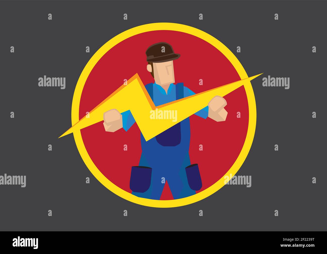 Vector cartoon illustration worker in blue overall holding a lightning ...