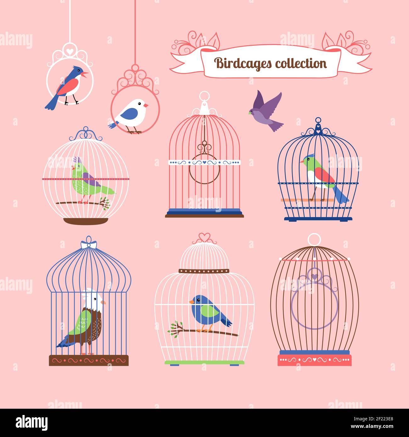 Birds and birdcages cute colored vector illustration Stock Vector Image ...