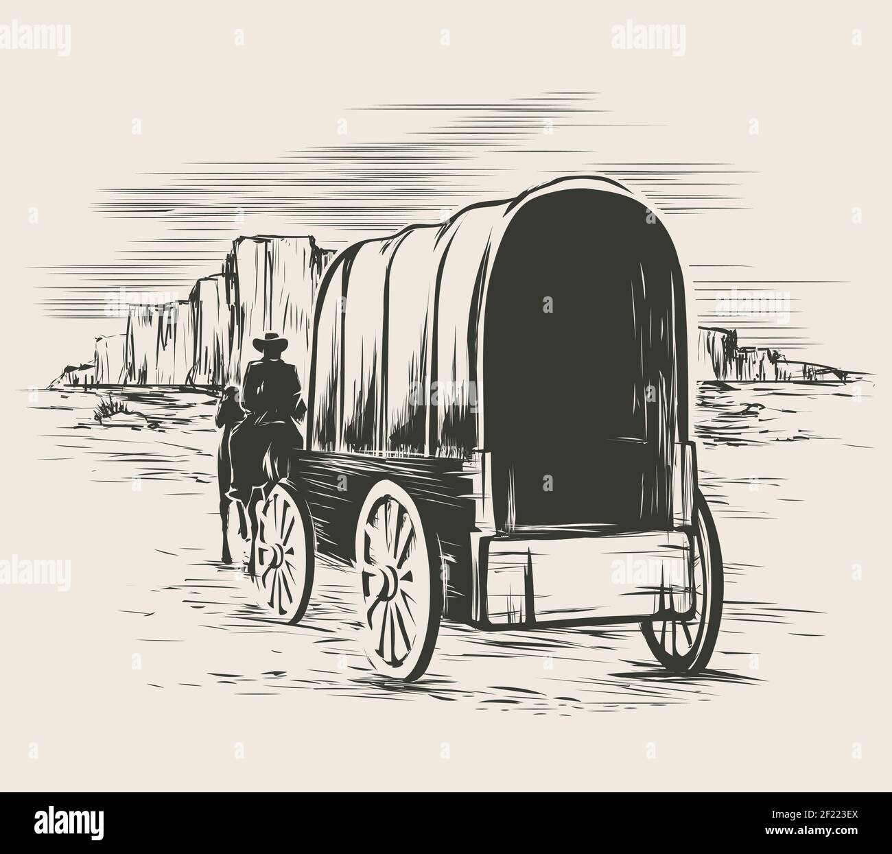 Old wagon in wild west prairies. Pioneer on horse transportation cart ...