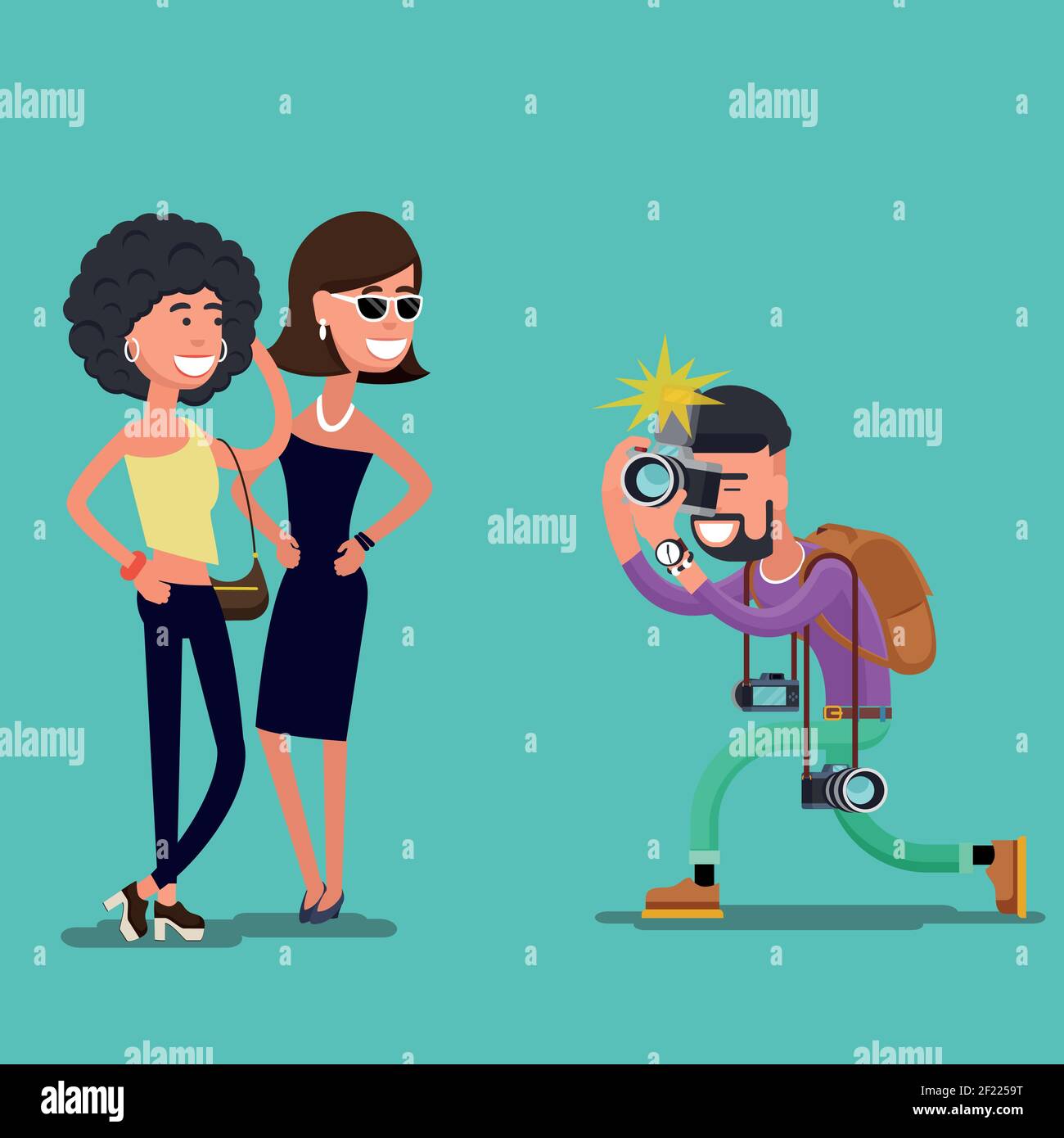 Two young women posing while photographer. Correspondent profession ...