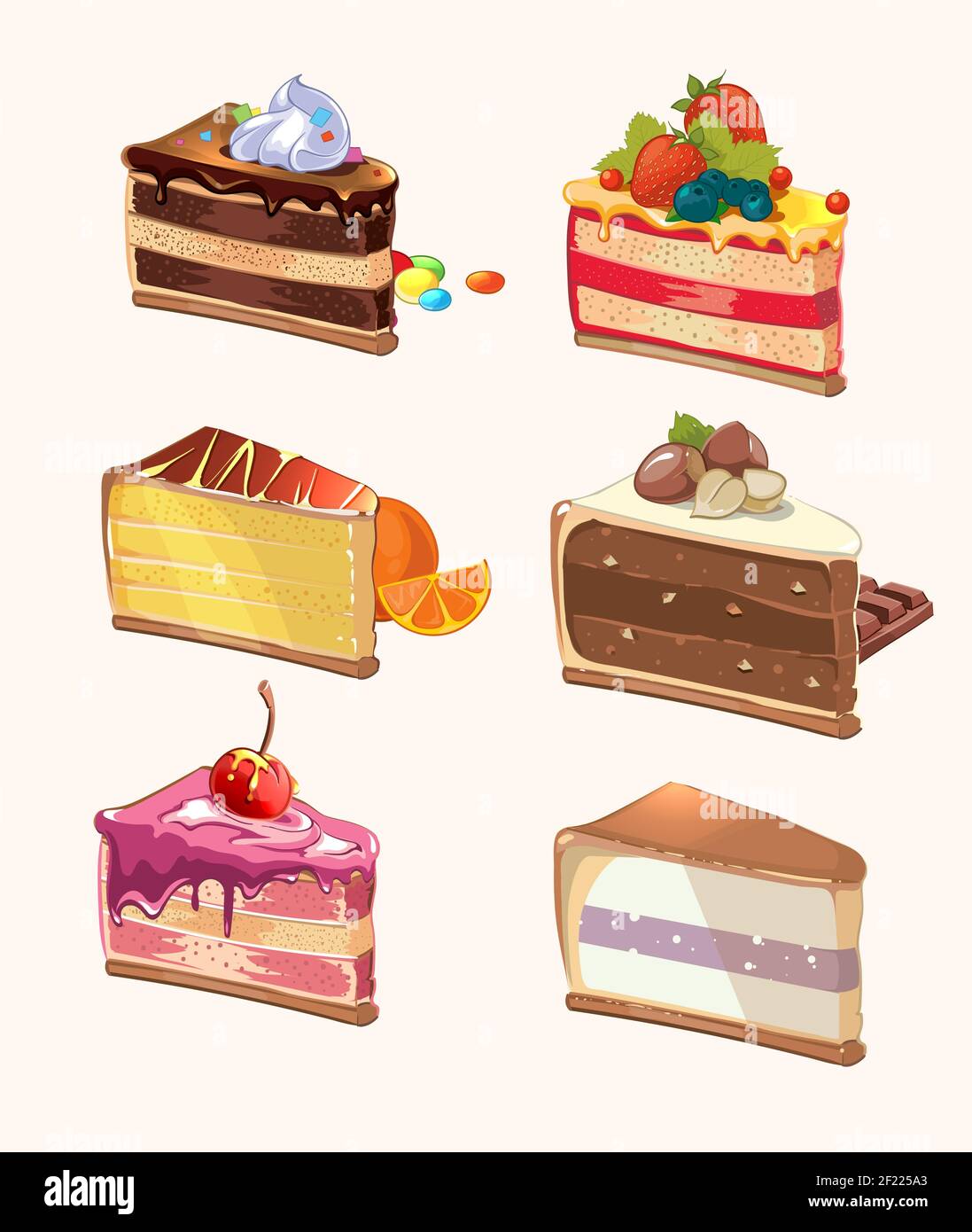 Cartoon cake pieces. Snack yummy, berry and tasty, pie with cherry ...