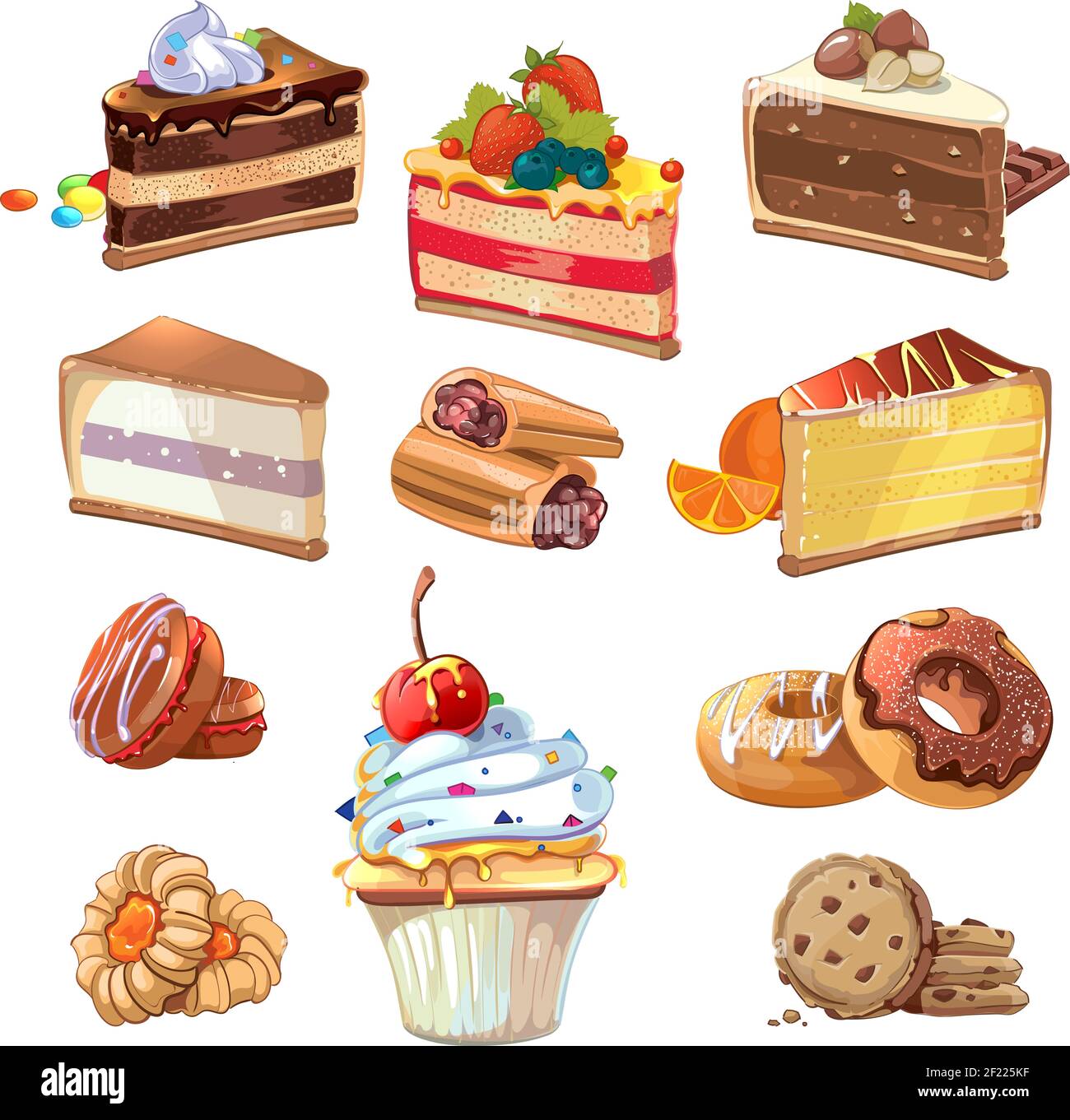 Pastry set in cartoon style. Food cake, sweet bakery, tasty snack with ...