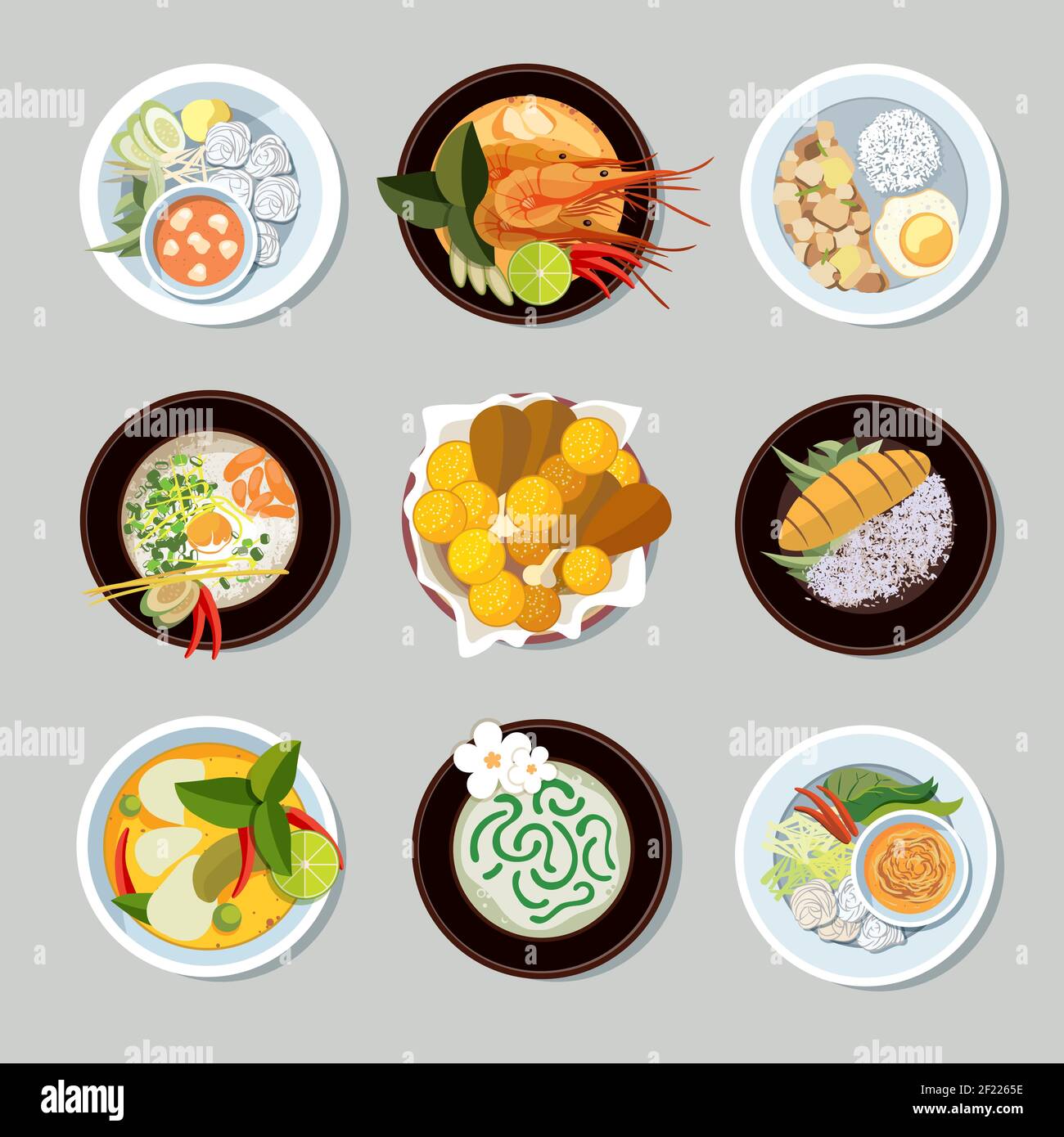 Thai food icons set. Shrimp and traditional restaurant, cooking and ...