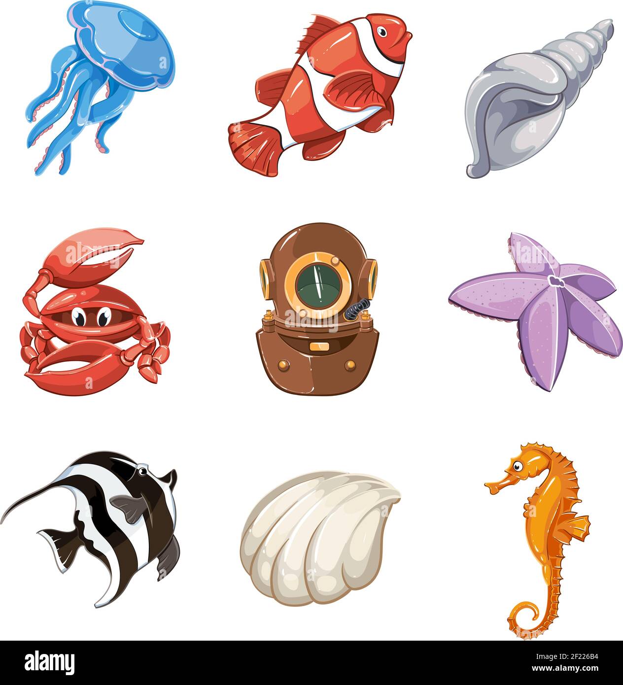Marine vector icon set in cartoon style. Nature life, wildlife ...