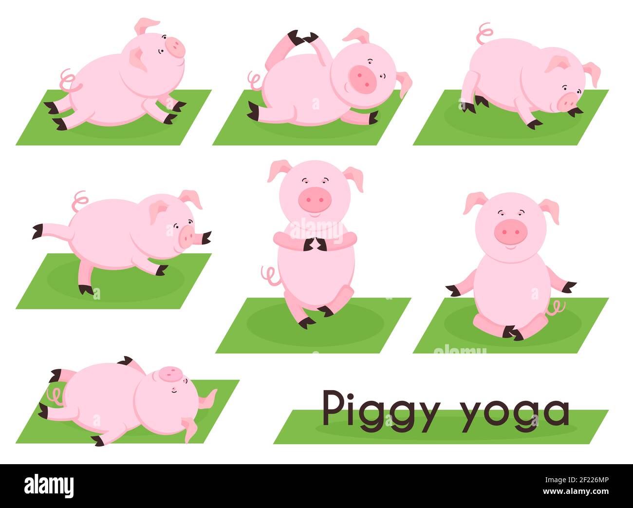 Pig yoga. Cute pig in different yoga poses. Animal sport, meditation ...