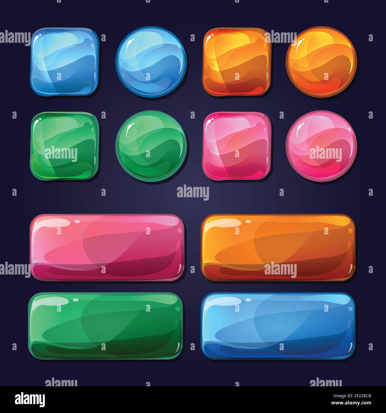 Vector cartoon glass buttons for game user interface UI. Design glossy, round shiny element ...