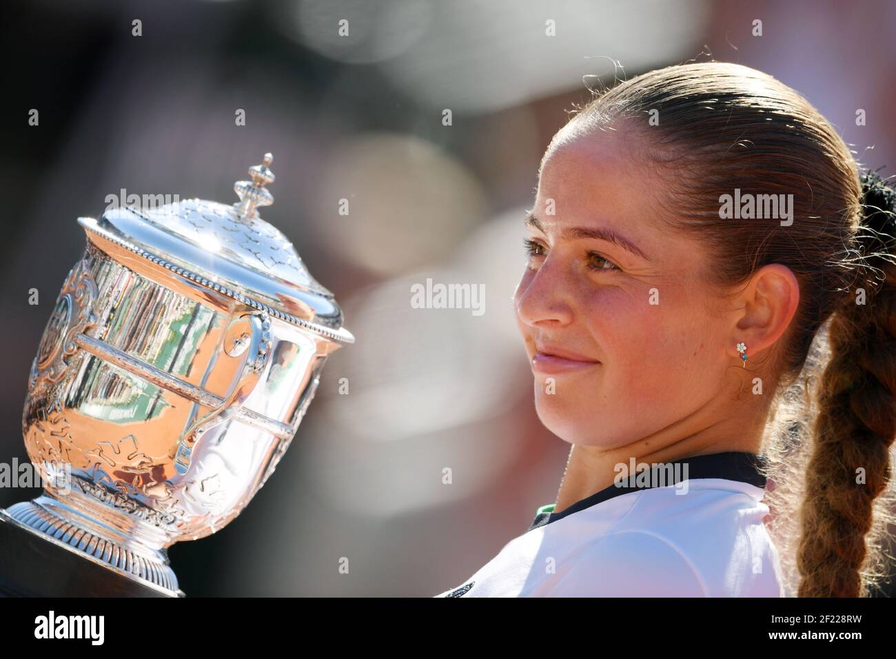 Jelena Ostapenko poses with the trophy during the Roland Garros French ...