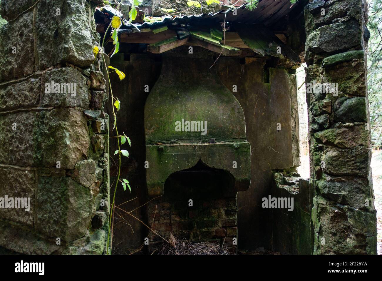 A fireplace in remains of a building at the site of Longside Naval ...