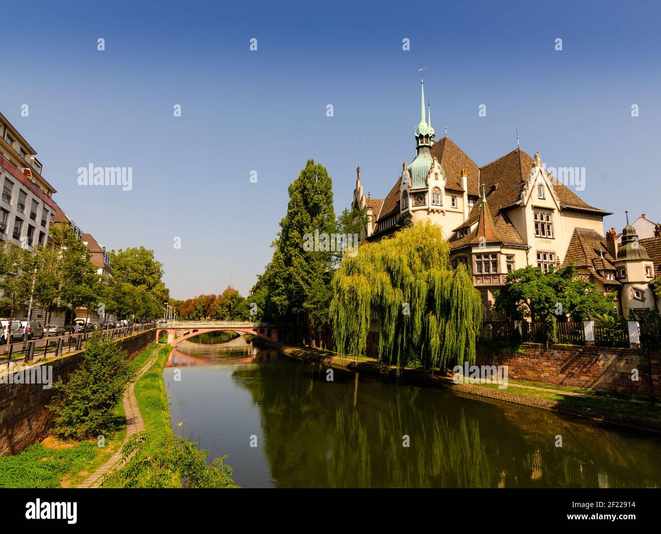 Strasbourg, France, August 2019. Cityscape along the Ill river. A ...
