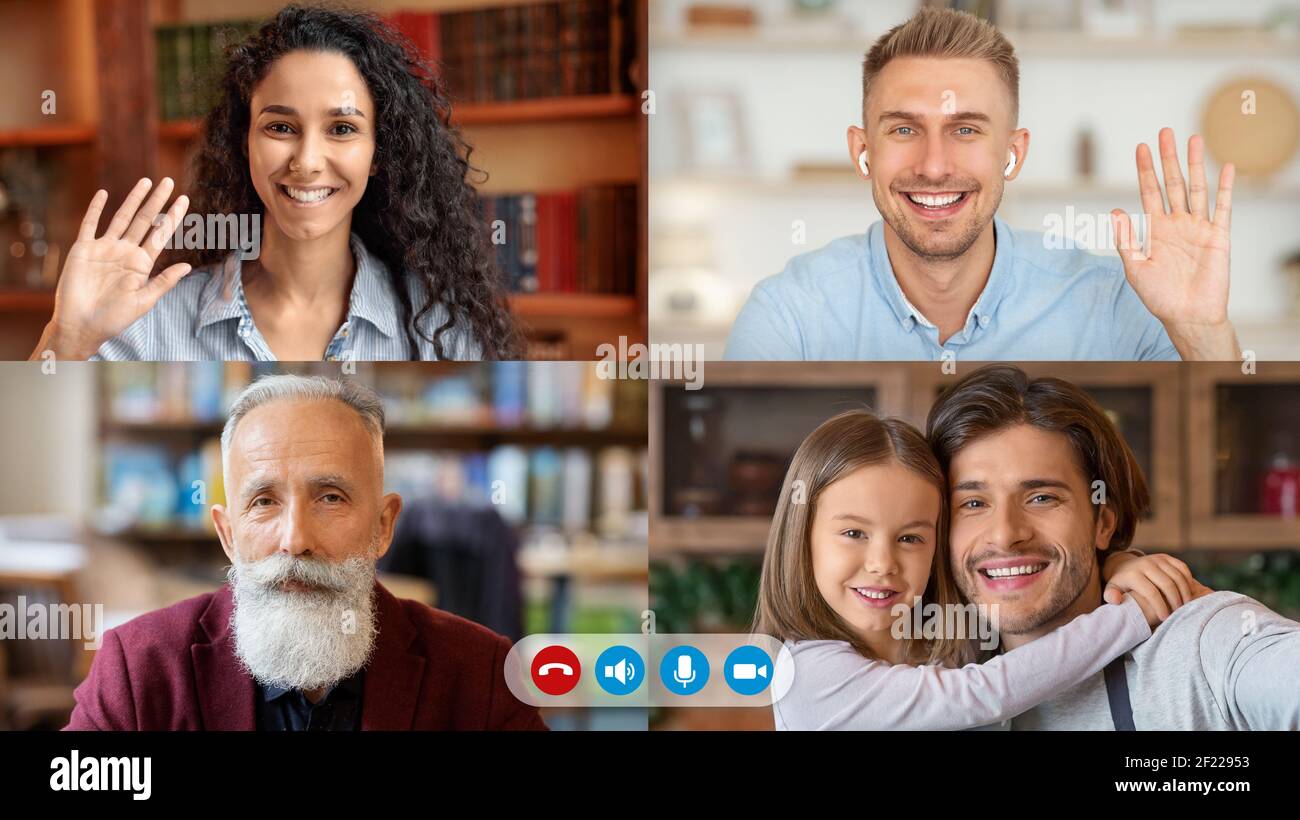 Happy parents and kids using computer and waving while making online ...