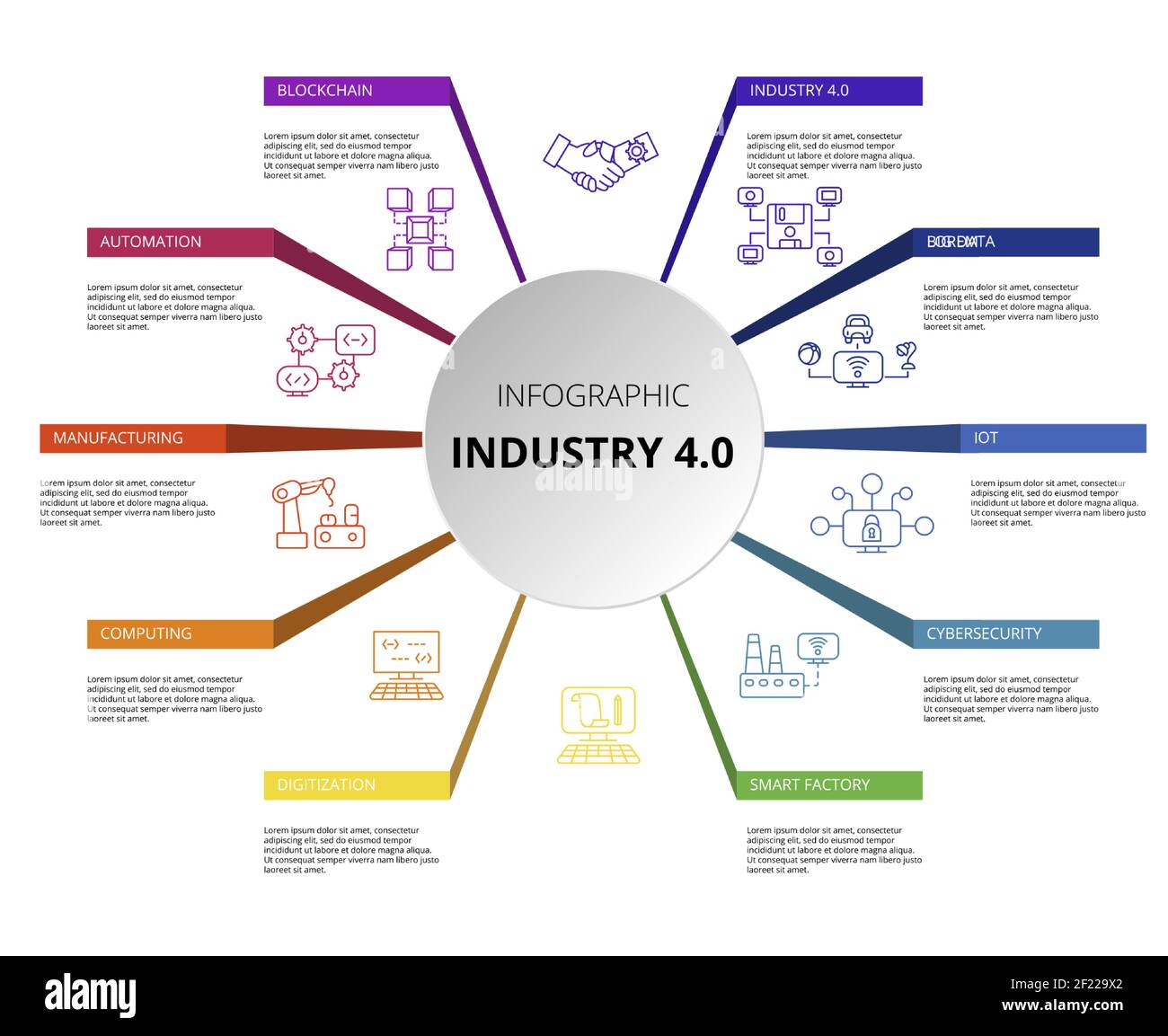 Infographic Industry 4.0 template. Icons in different colors. Include ...