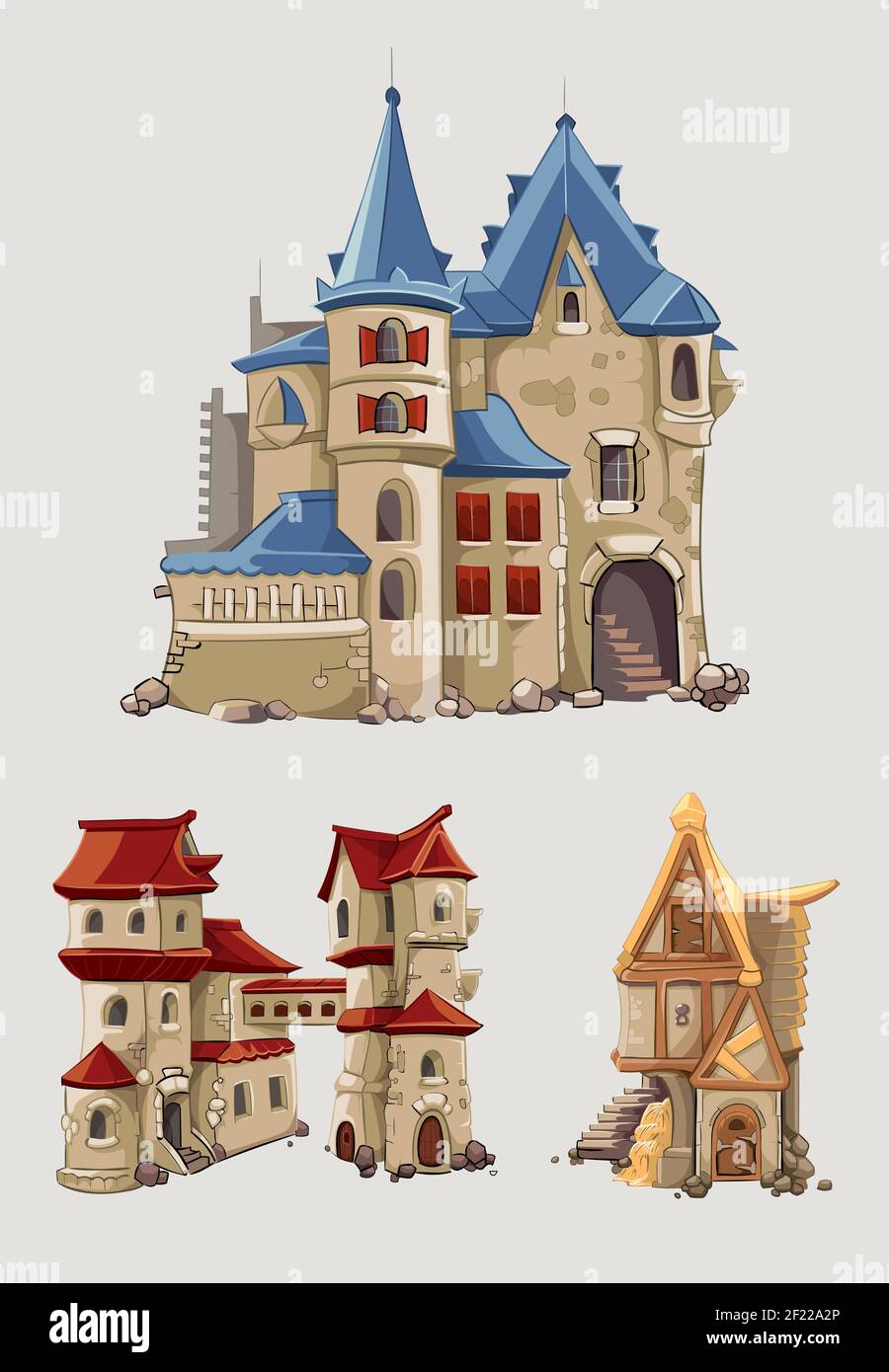 Medieval castles and buildings vector set in cartoon style. Fantasy architecture with tower ...