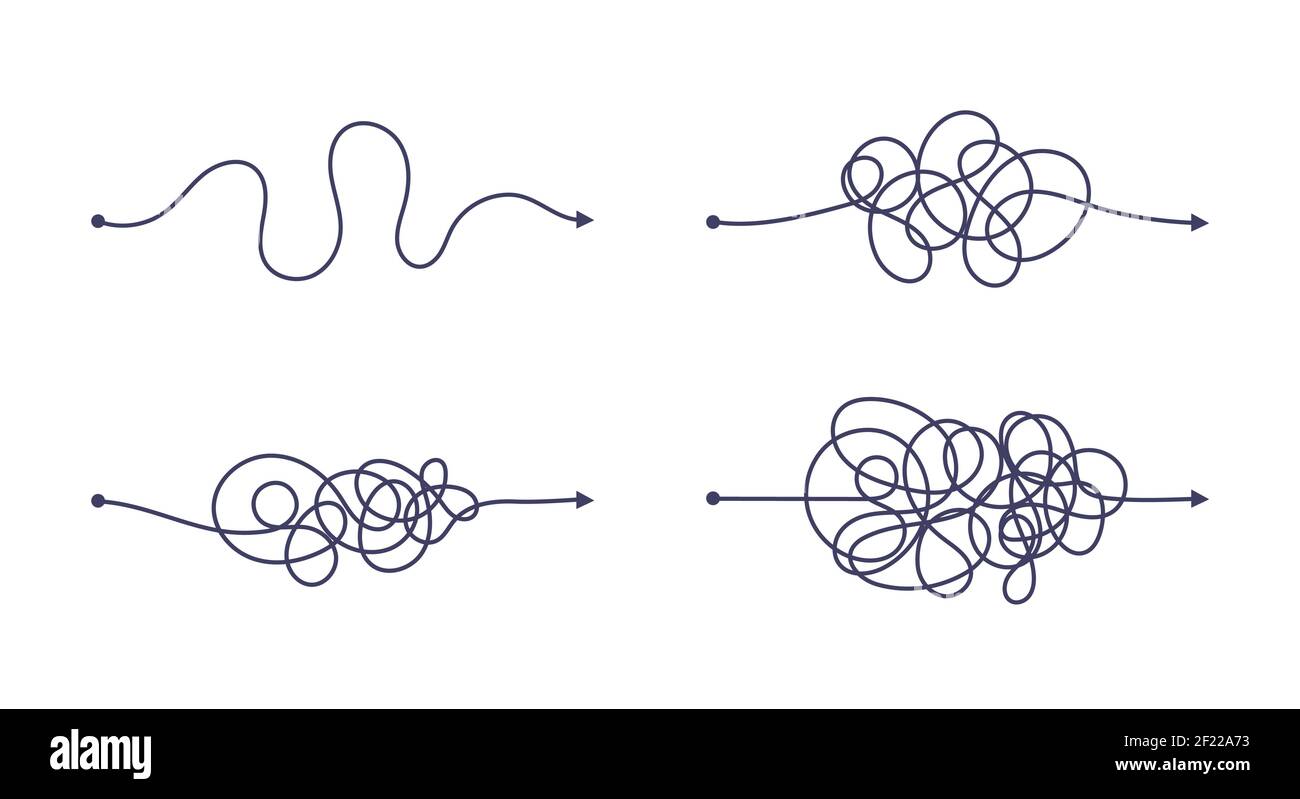 Complex and easy simple way from start to end vector illustration set. Chaos simplifying ...