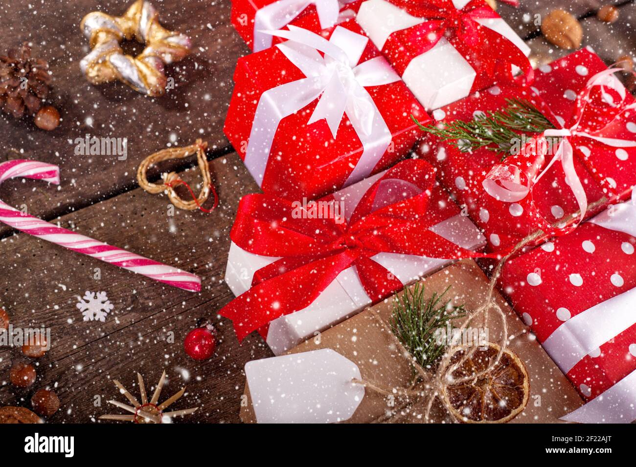 Handmade wrapped christmas gift boxes on celebrate background Stock ...