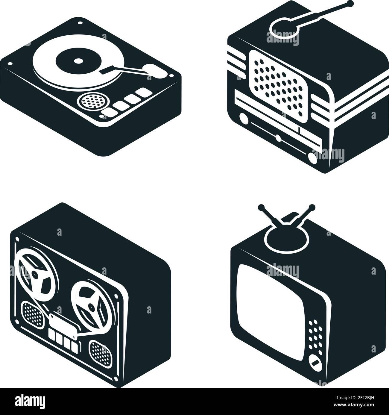 Set of 3D Isometric Icons of Retro Media Devices in Black and White ...