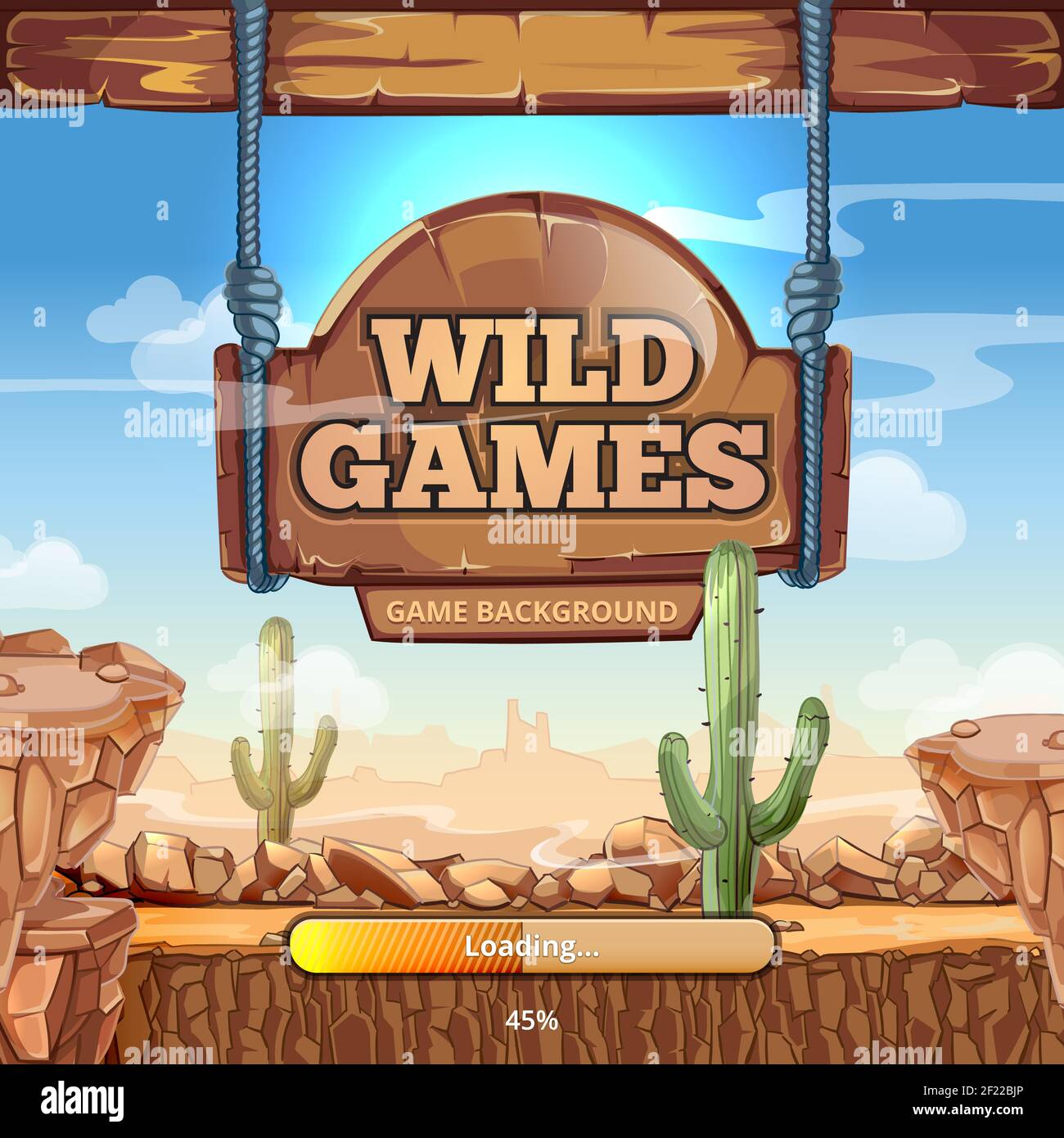 Loading screen with title for Wild West game. Desert and mountains ...