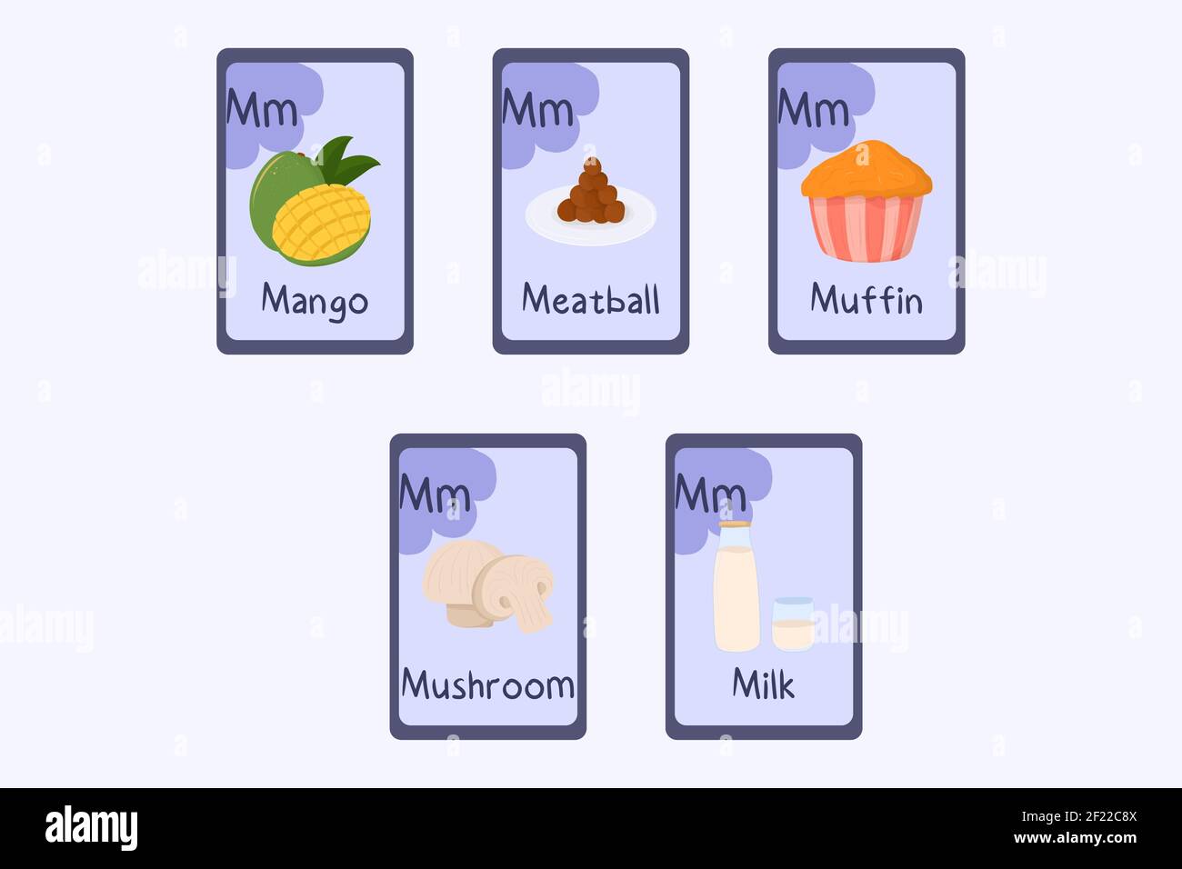 Colorful alphabet flashcard Letter M - mango, meatball, muffin ...