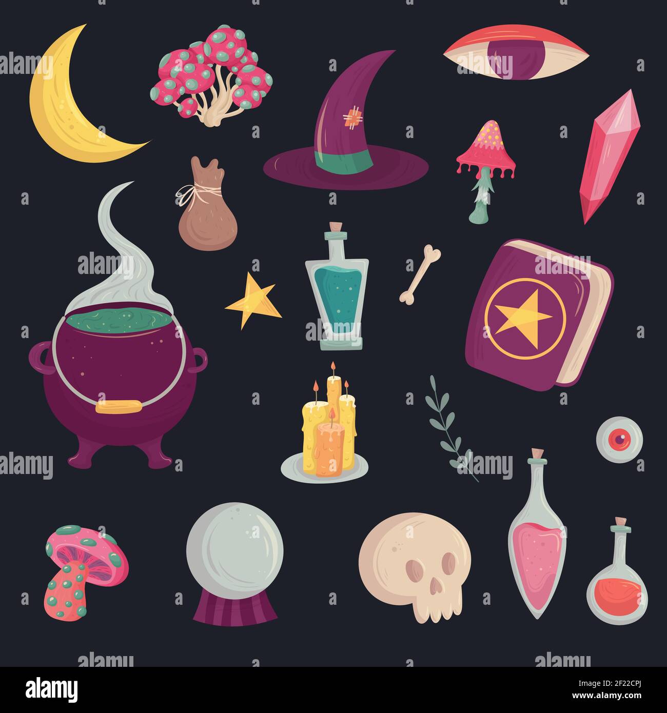 Magic witch set for concept design. Cartoon vector illustration. Mystery elements. Witchcraft ...