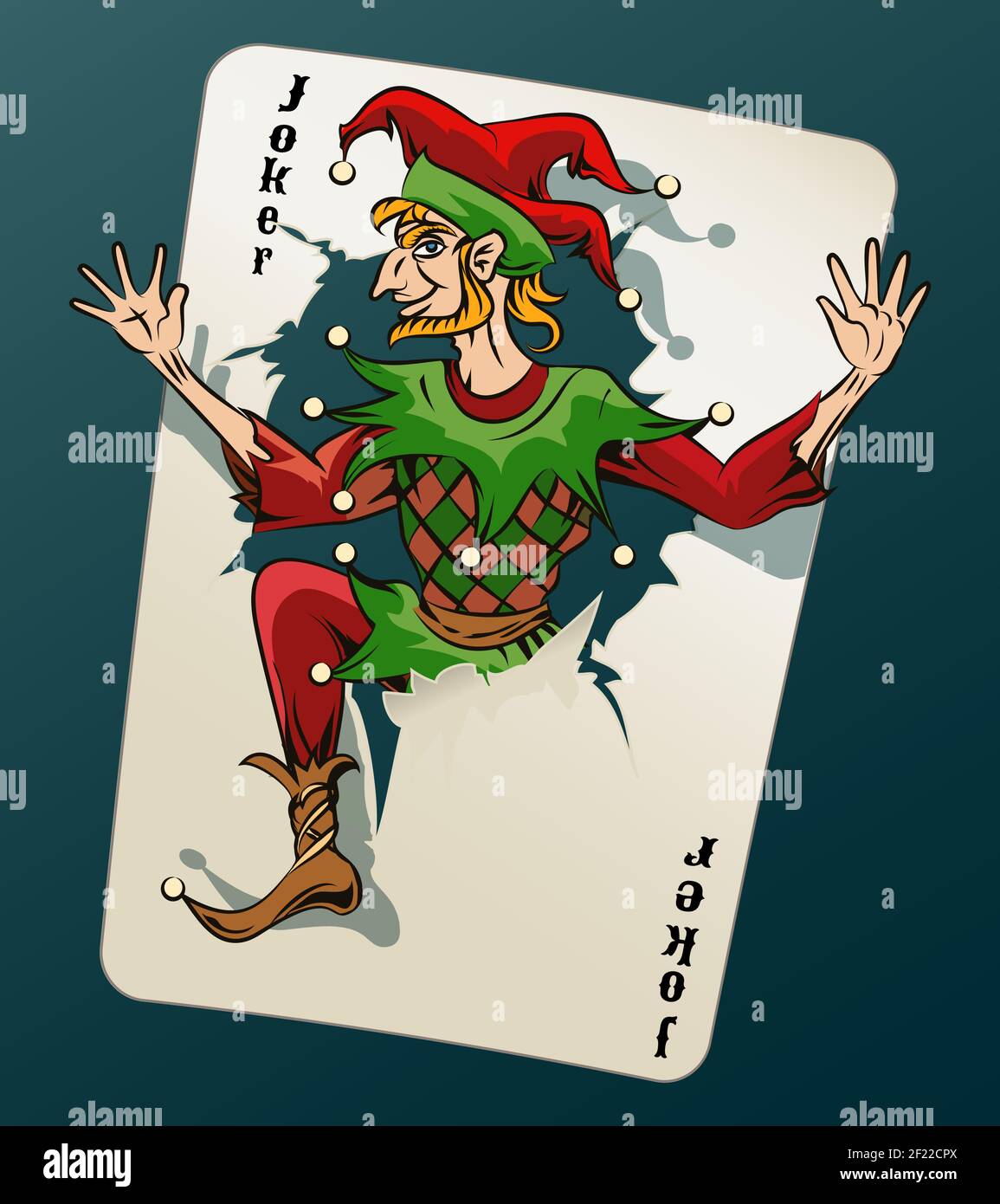 Cartooned Joker Jumping Out of Playing Card on Blue Green Background ...
