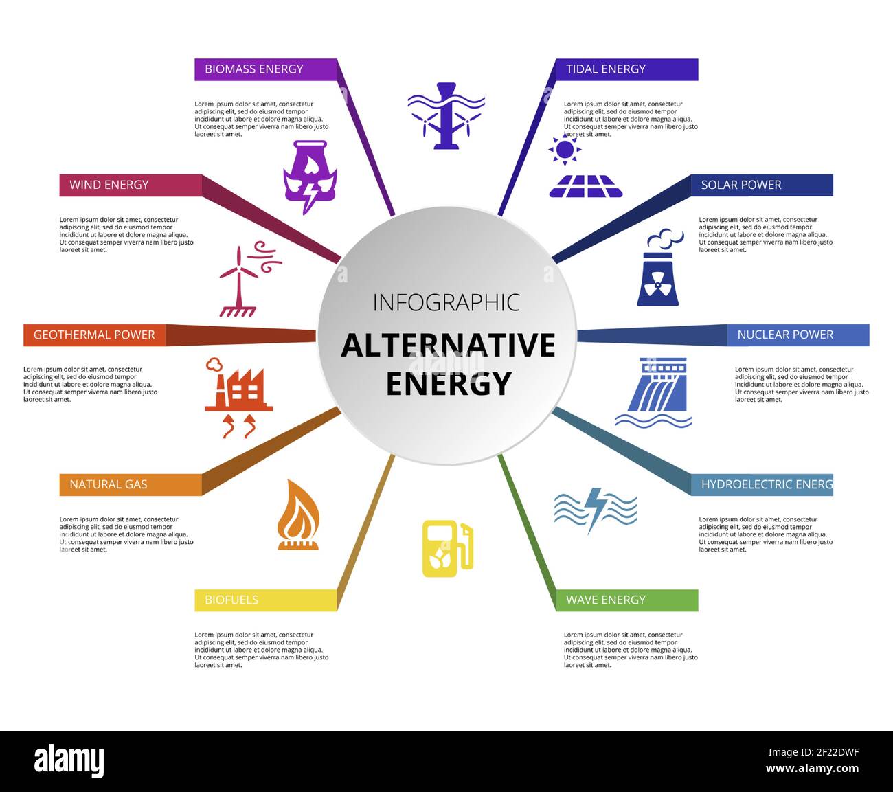 Infographic Alternative Energy template. Icons in different colors ...