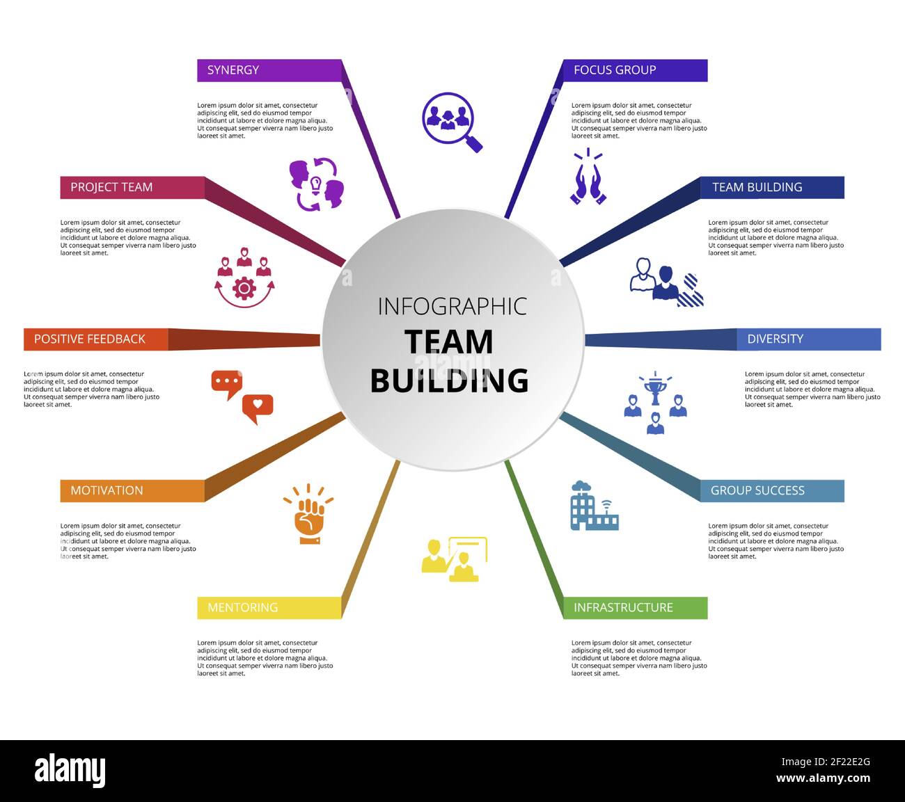 Infographic Team Building template. Icons in different colors. Include Focus Group, Synergy ...