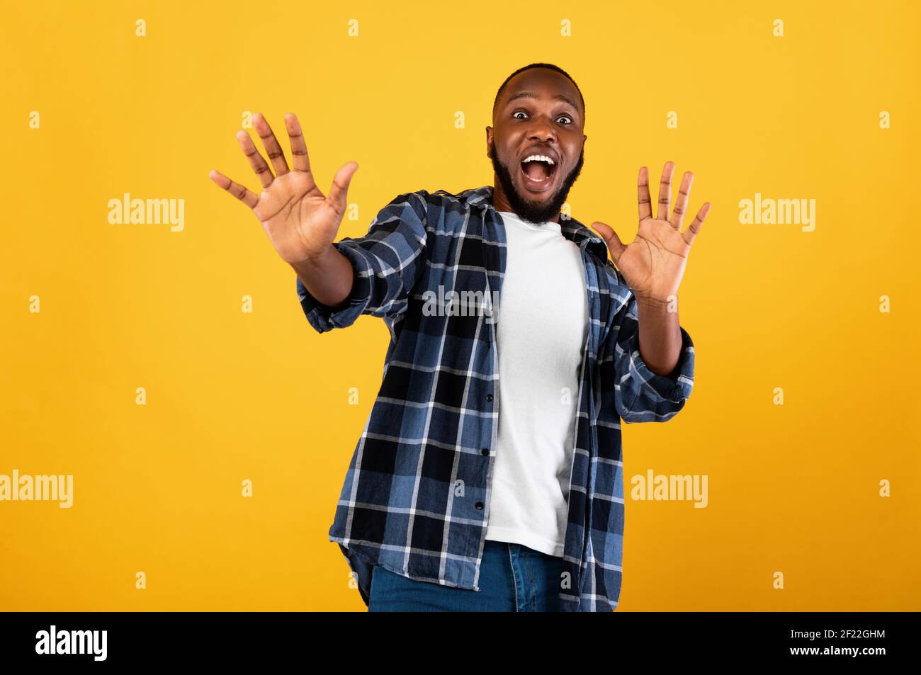 Shocked Black Guy Shouting Gesturing Stop Standing Over Yellow ...