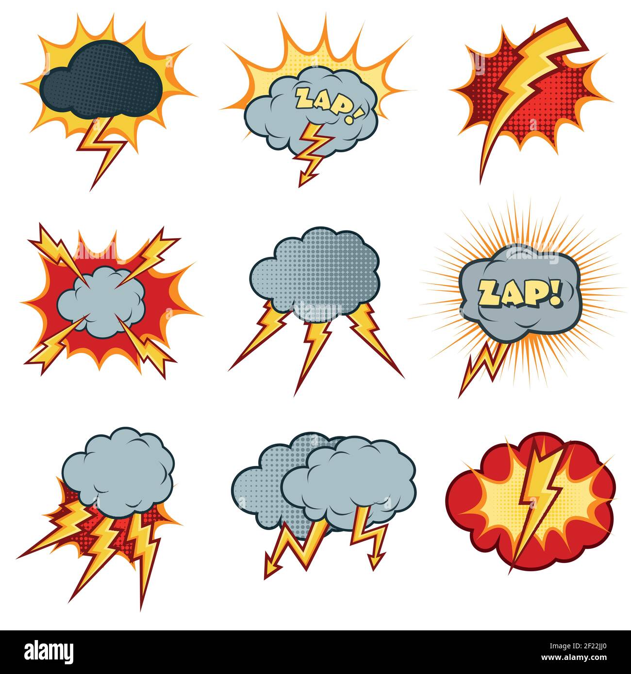 Lightning icons set in cartoon comic style. Flash explosion, cloud ...